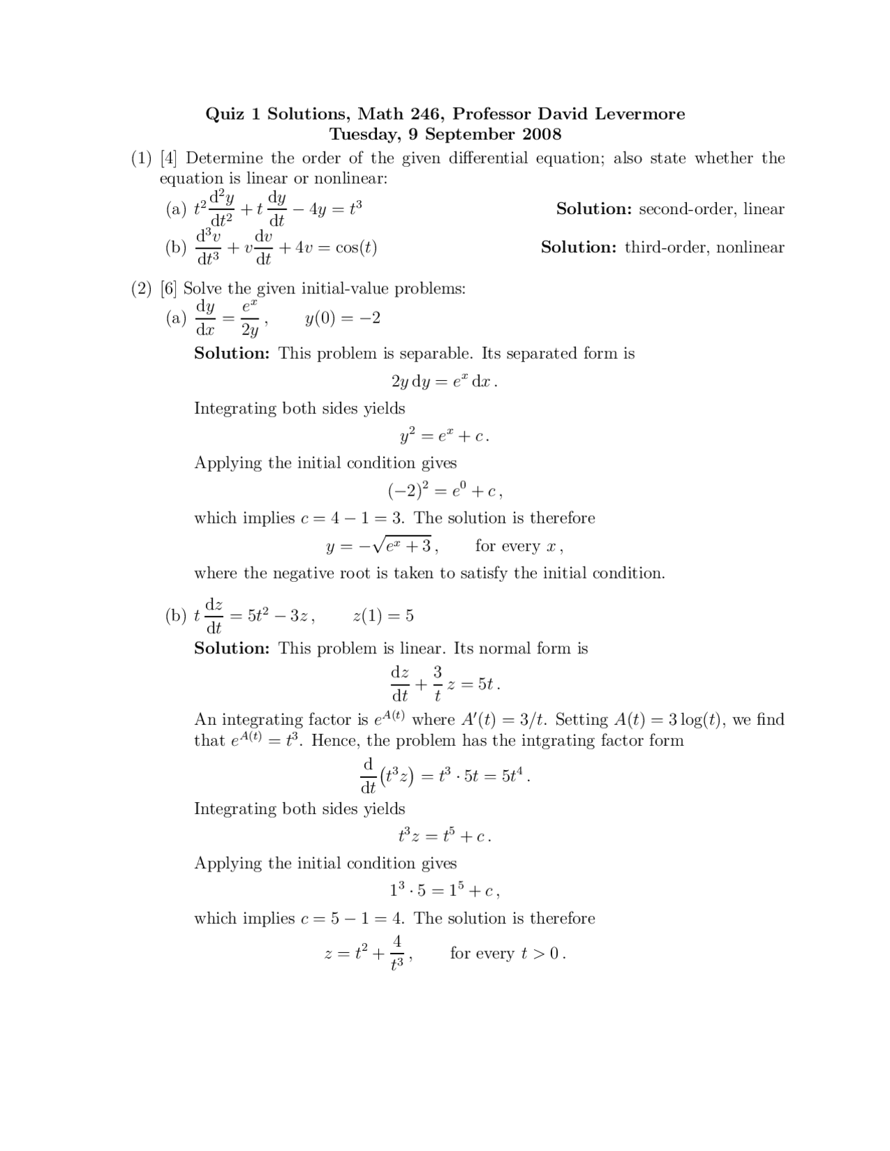 Differential Equations For Engineers Scientists Solutions To Quiz 1