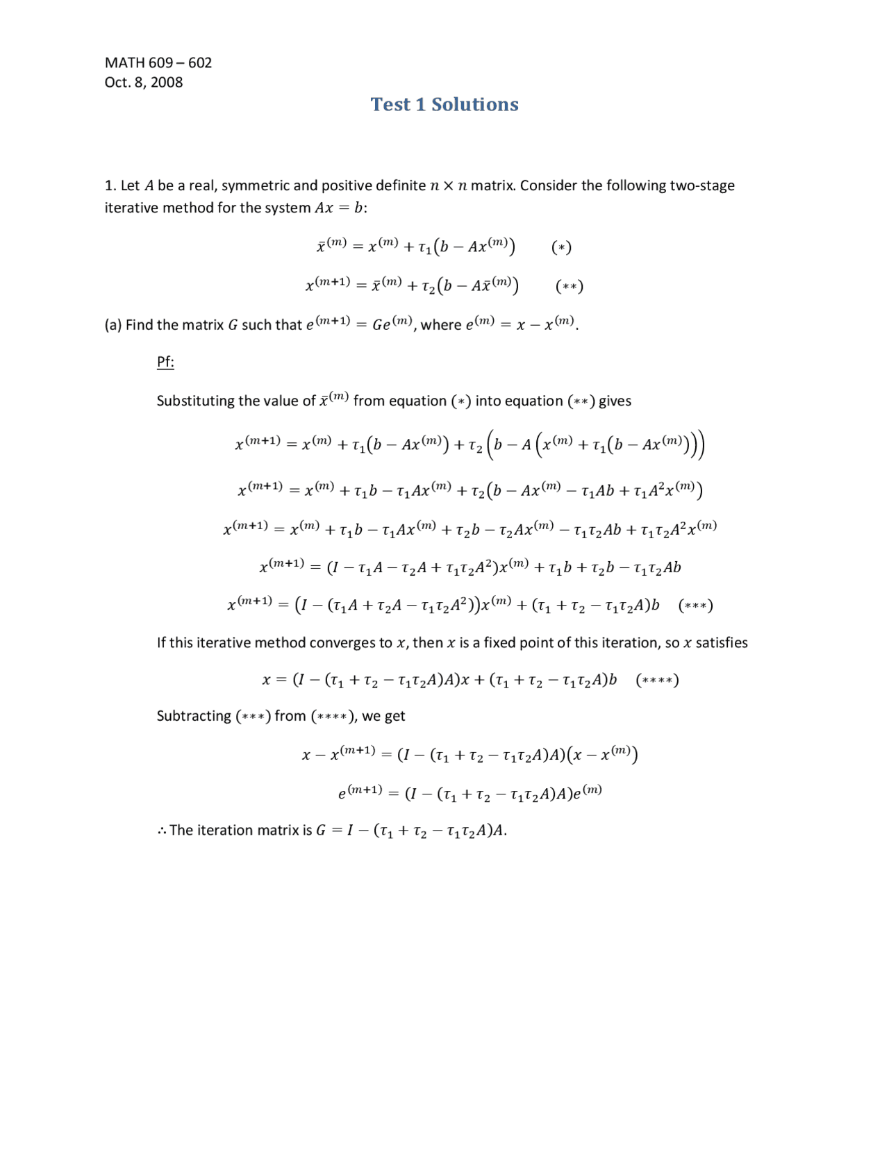 Test 1 With Answers Numerical Analysis Math 609 Docsity
