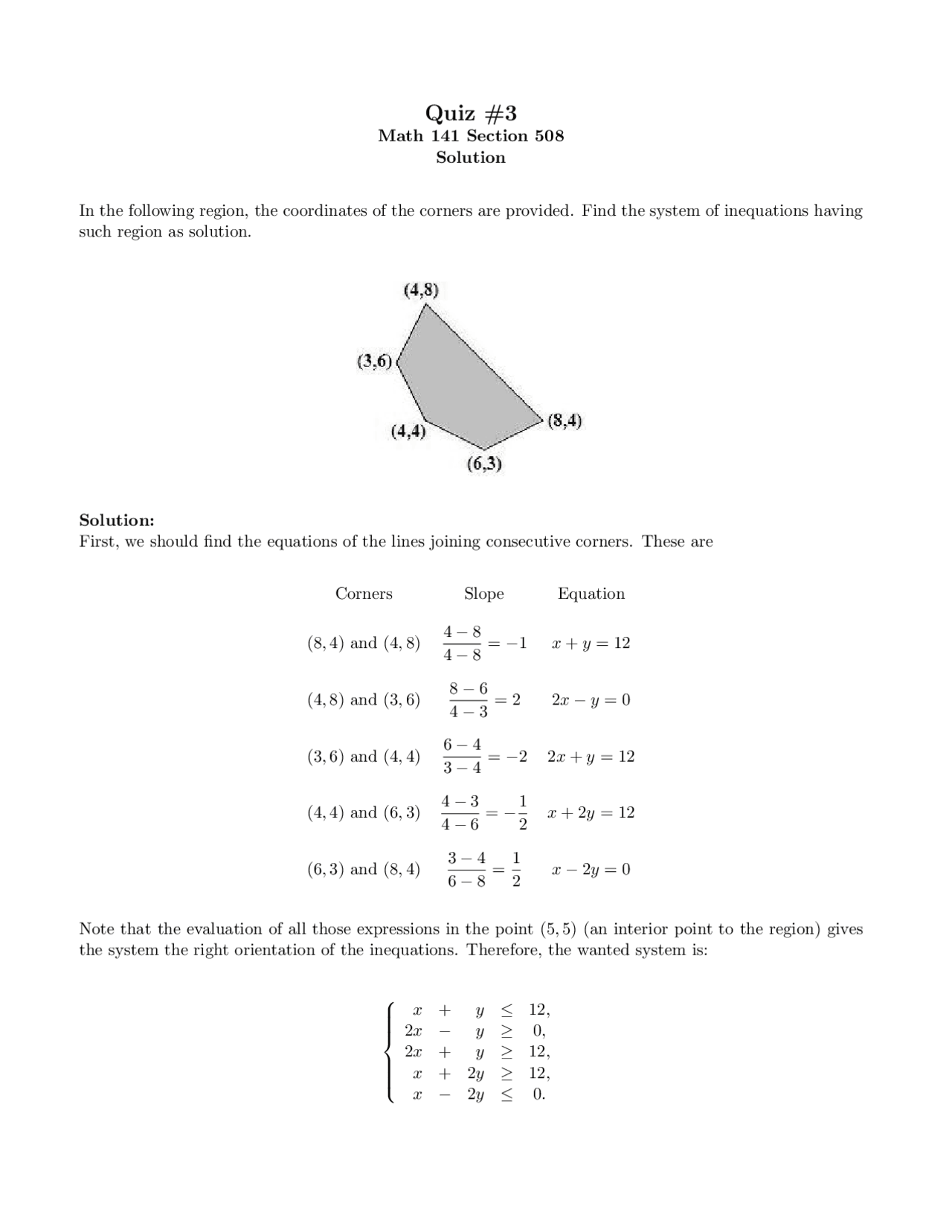 Quiz 3 Solutions Honor Business Mathematics I Math 141 Docsity