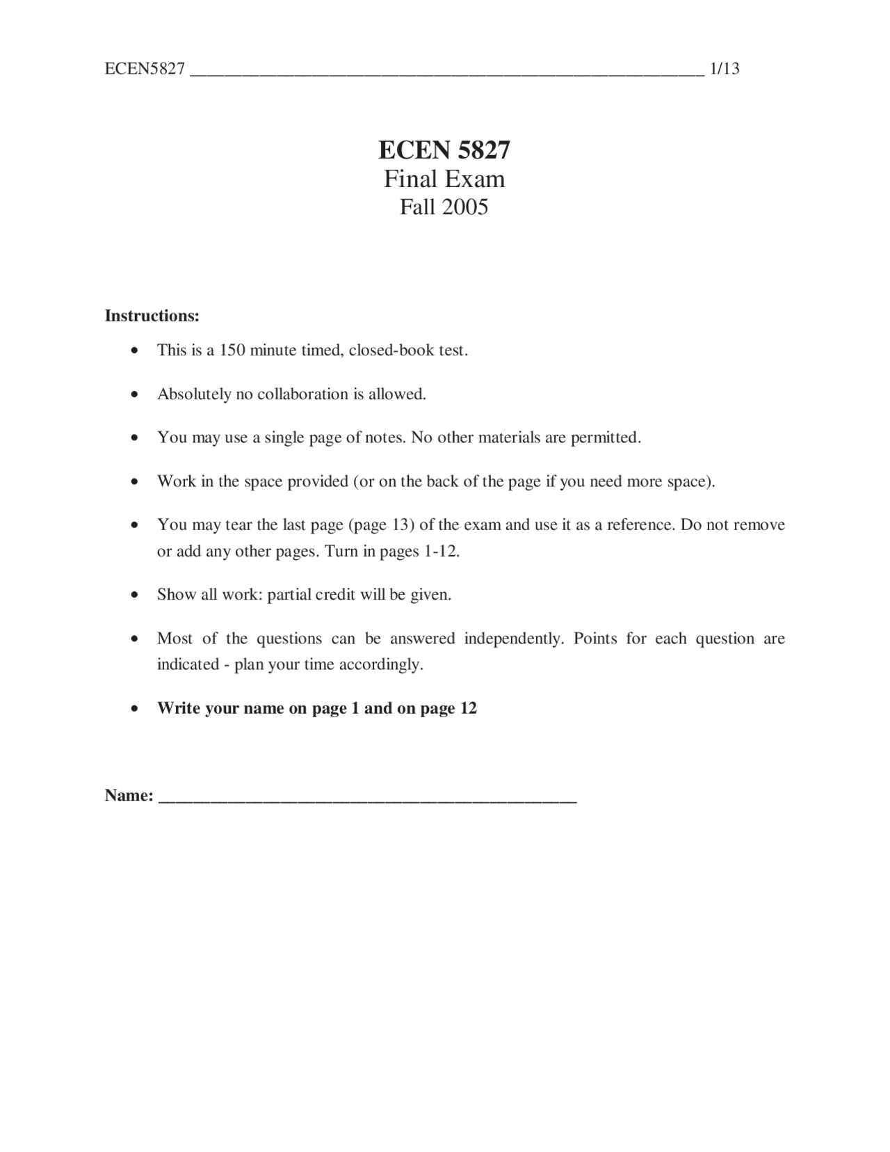 Final Exam Analog Integrated Circuit Design Fall 2005 Ecen 5827 Docsity
