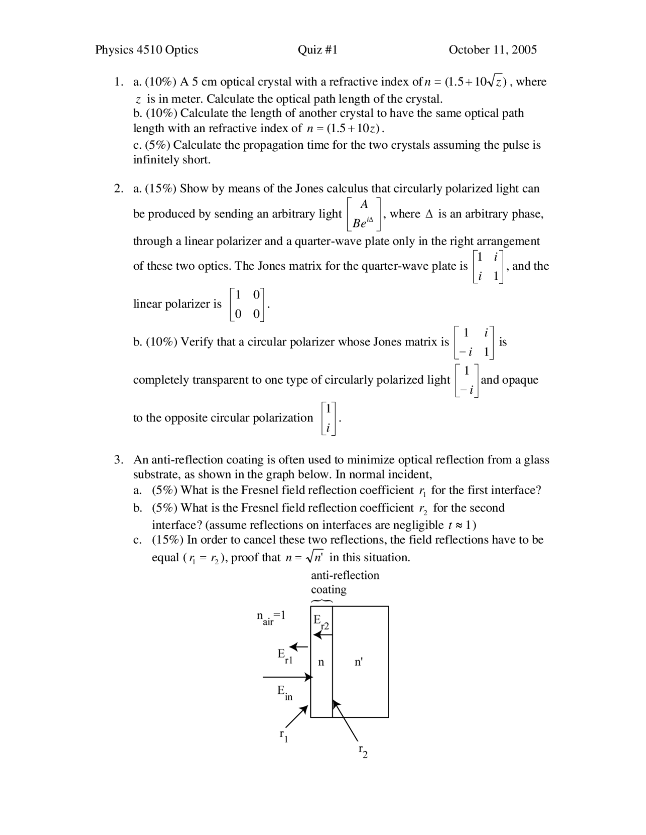 4 Problems With Solutions On Optics In Quiz 1 Phys 4510 Docsity