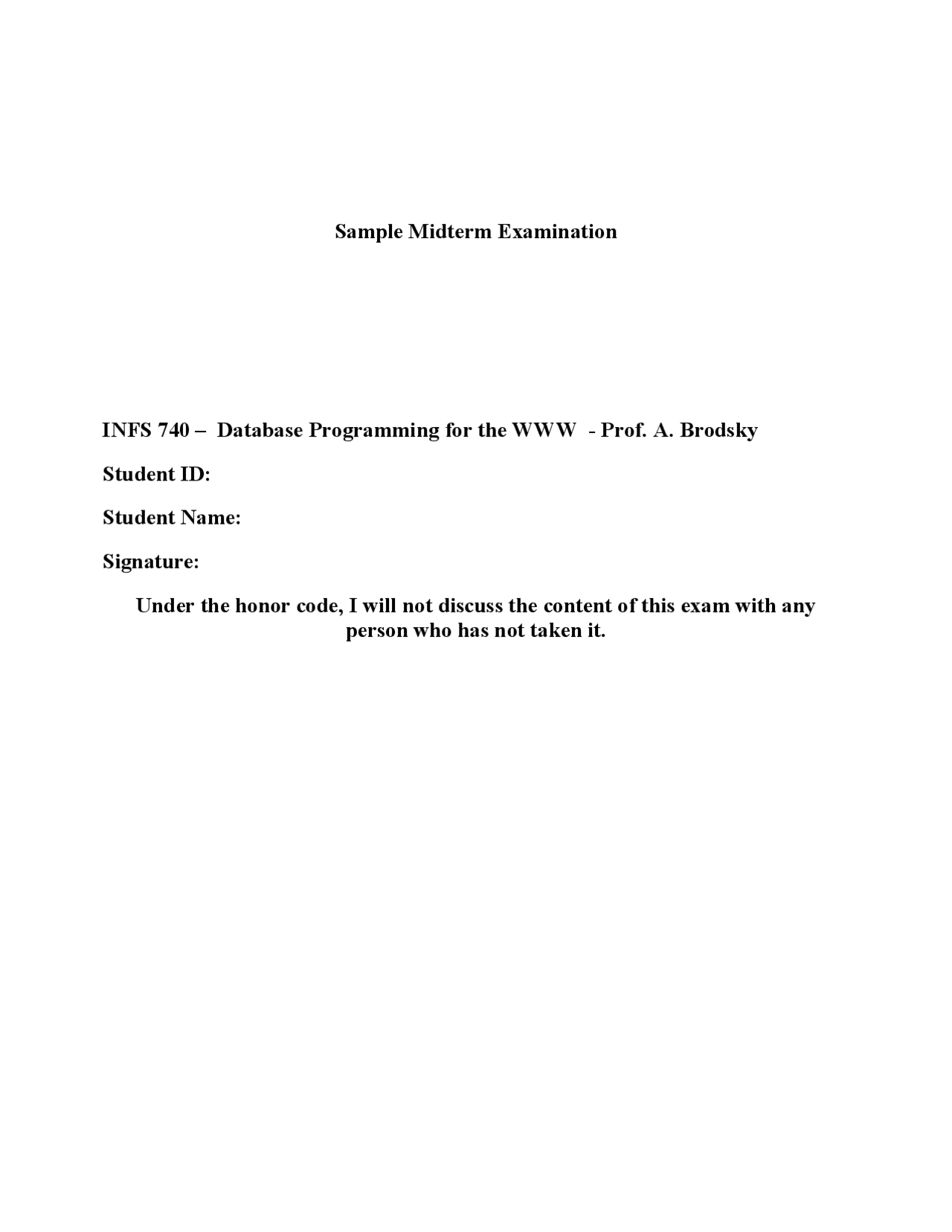 Database Programming For Sample Examination Infs 740 Docsity