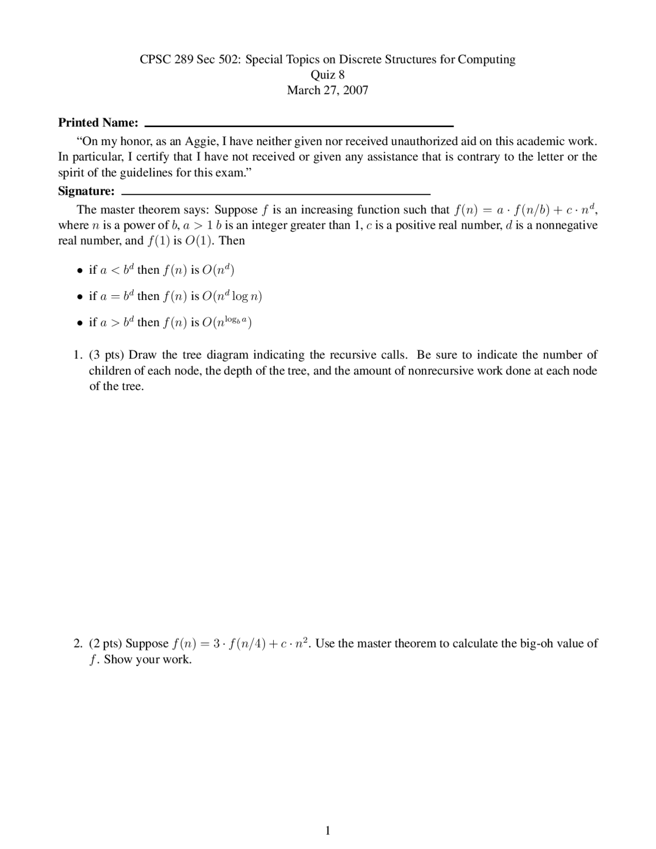 Master Theorem Quiz 8: Solving Big-O Notation for Recursive Functions | Lab Reports Computer ...