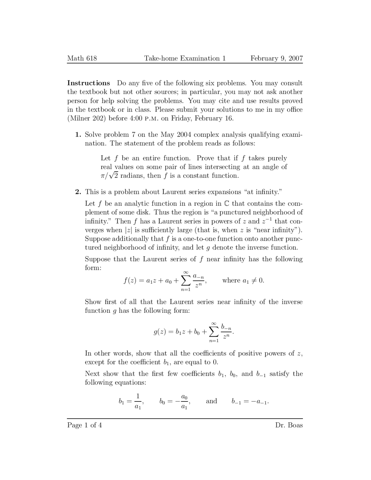 Take Home Examination 1 With Solutions Complex Variables Ii Math