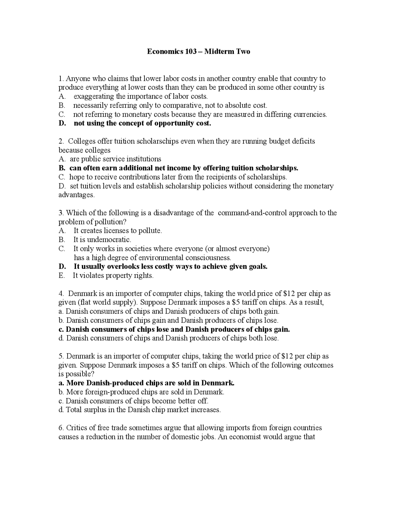 Midterm Exam Ii Mcqs Answers Microeconomic Principles Econ 103