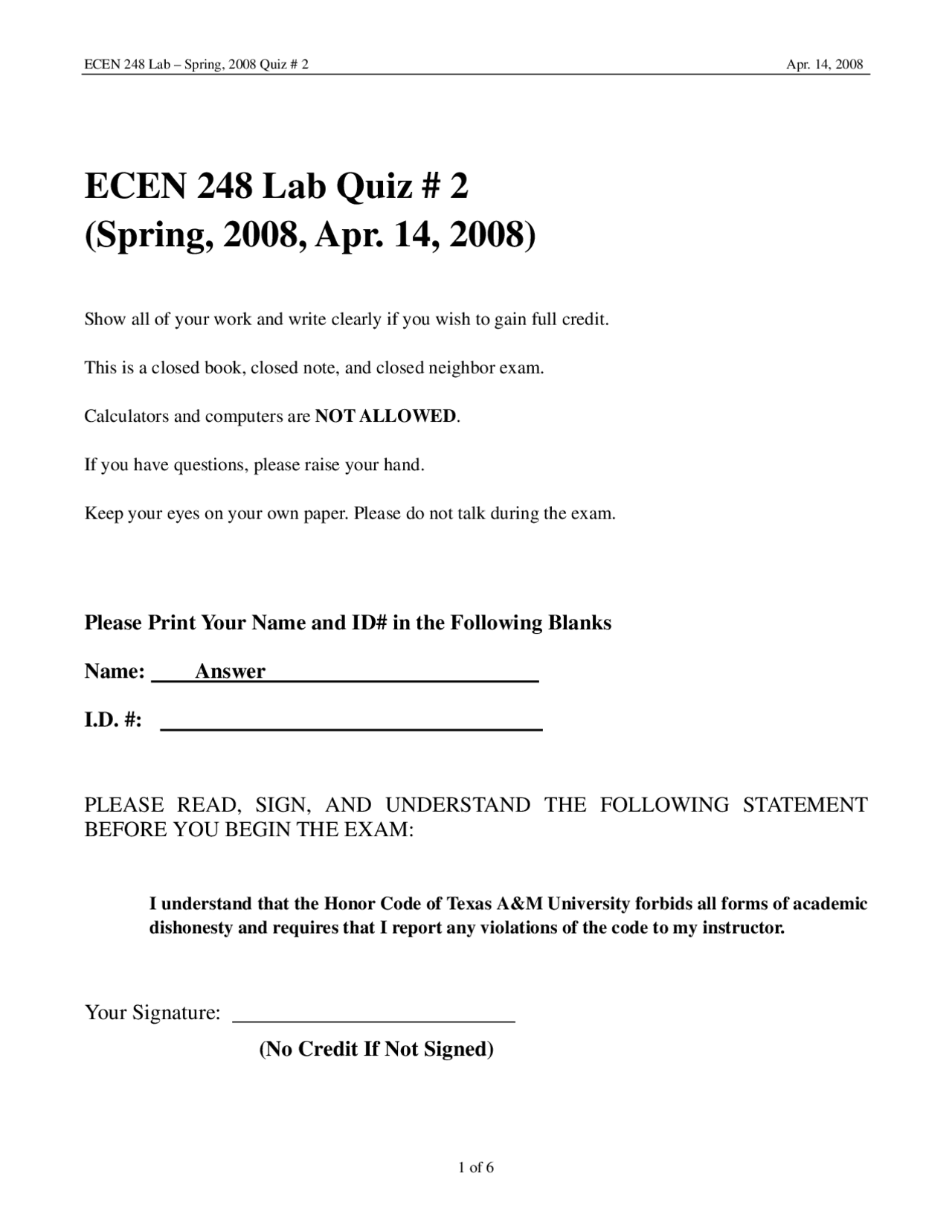 Lab Quiz 2 With Solutions Introduction To Digital Systems Design