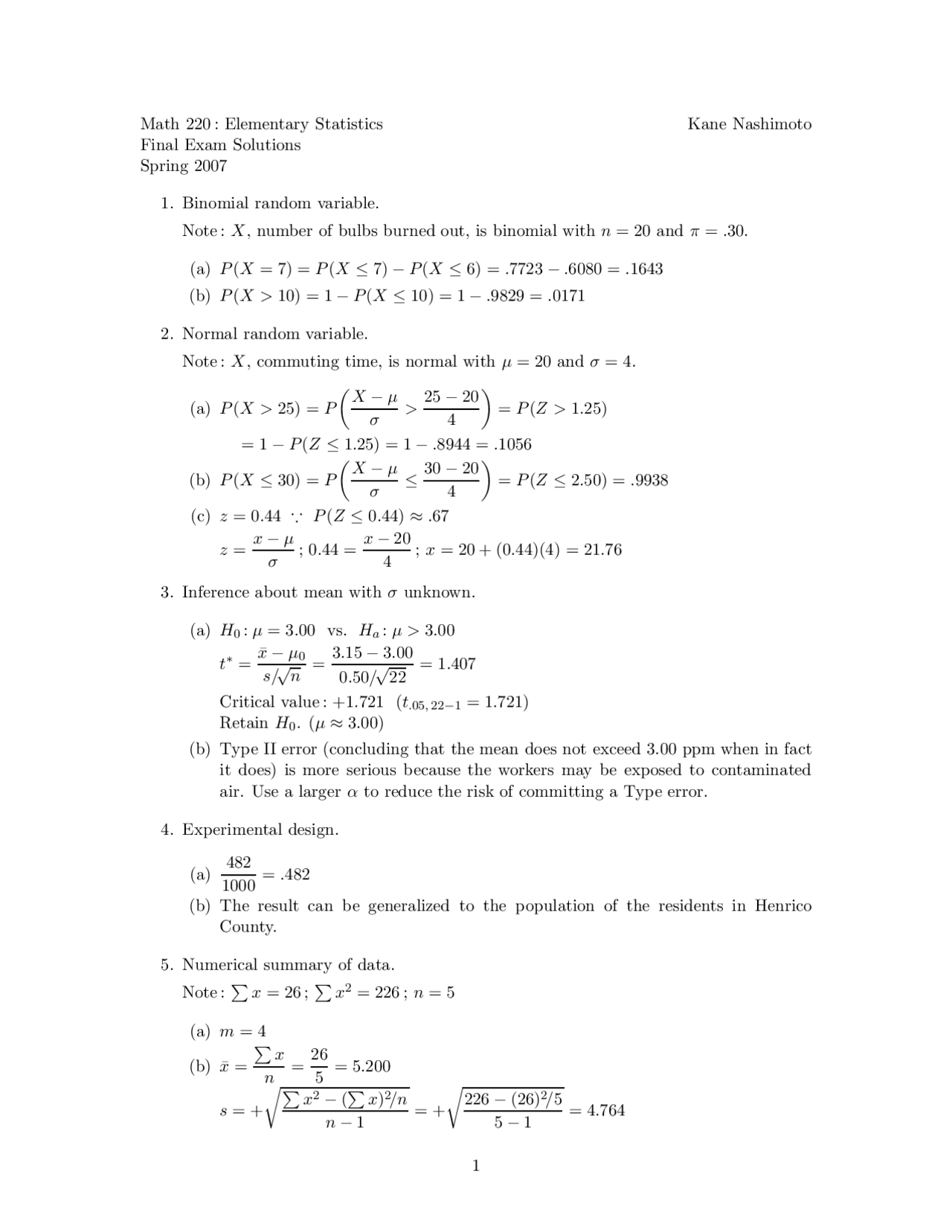 8 Problems On Binomial And Random Variables Final Exam Math 220