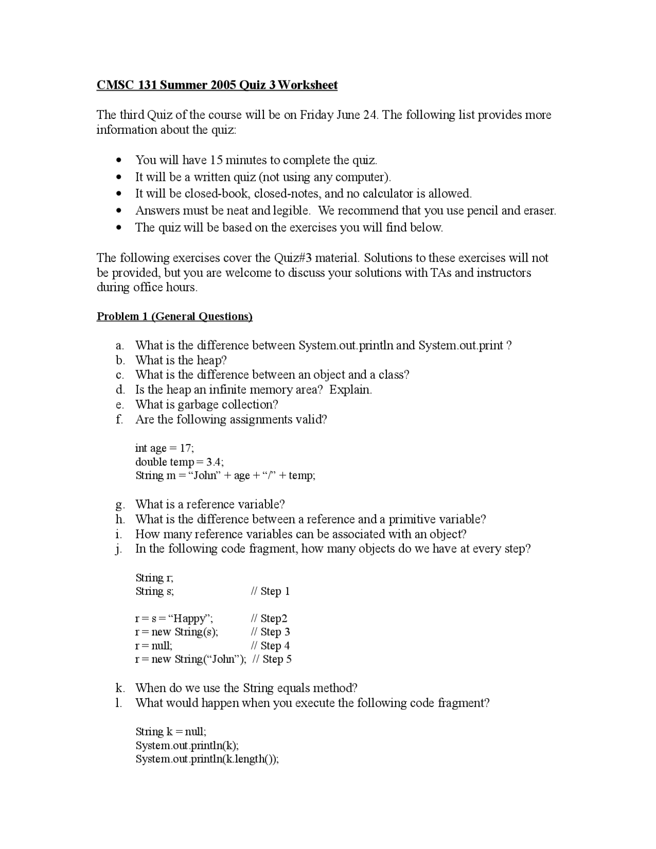 Practice Quiz 3 Worksheet Object Oriented Programming I Cmsc 131 Docsity