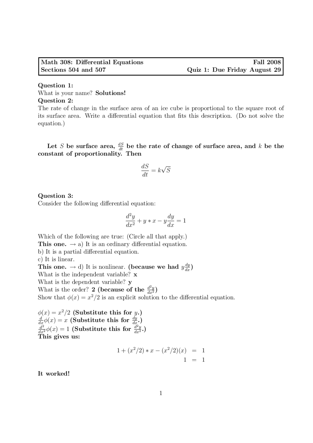 Differential Equations Quiz 1 for Math 308 - Fall 2008 | Quizzes Differential Equations | Docsity