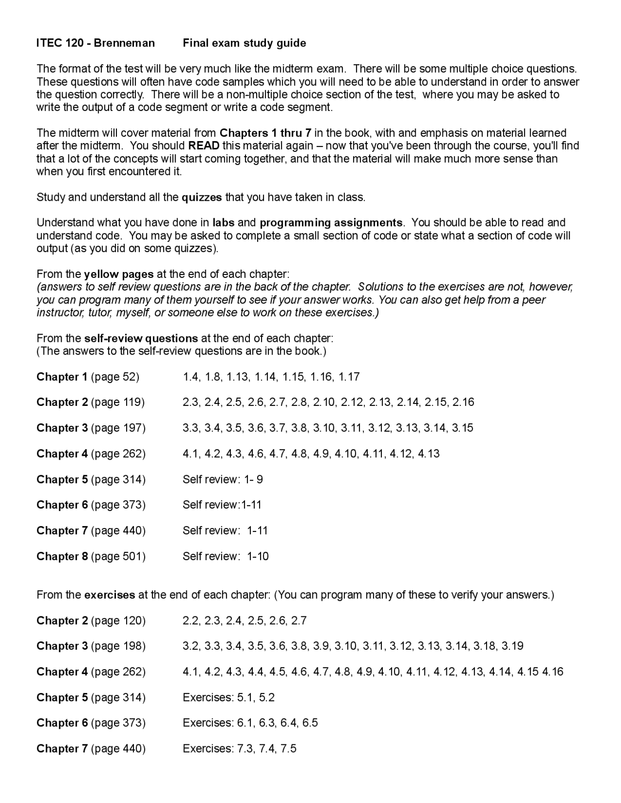 Final Exam Study Guide - Principles of Computer Science I | ITEC 120 - Docsity