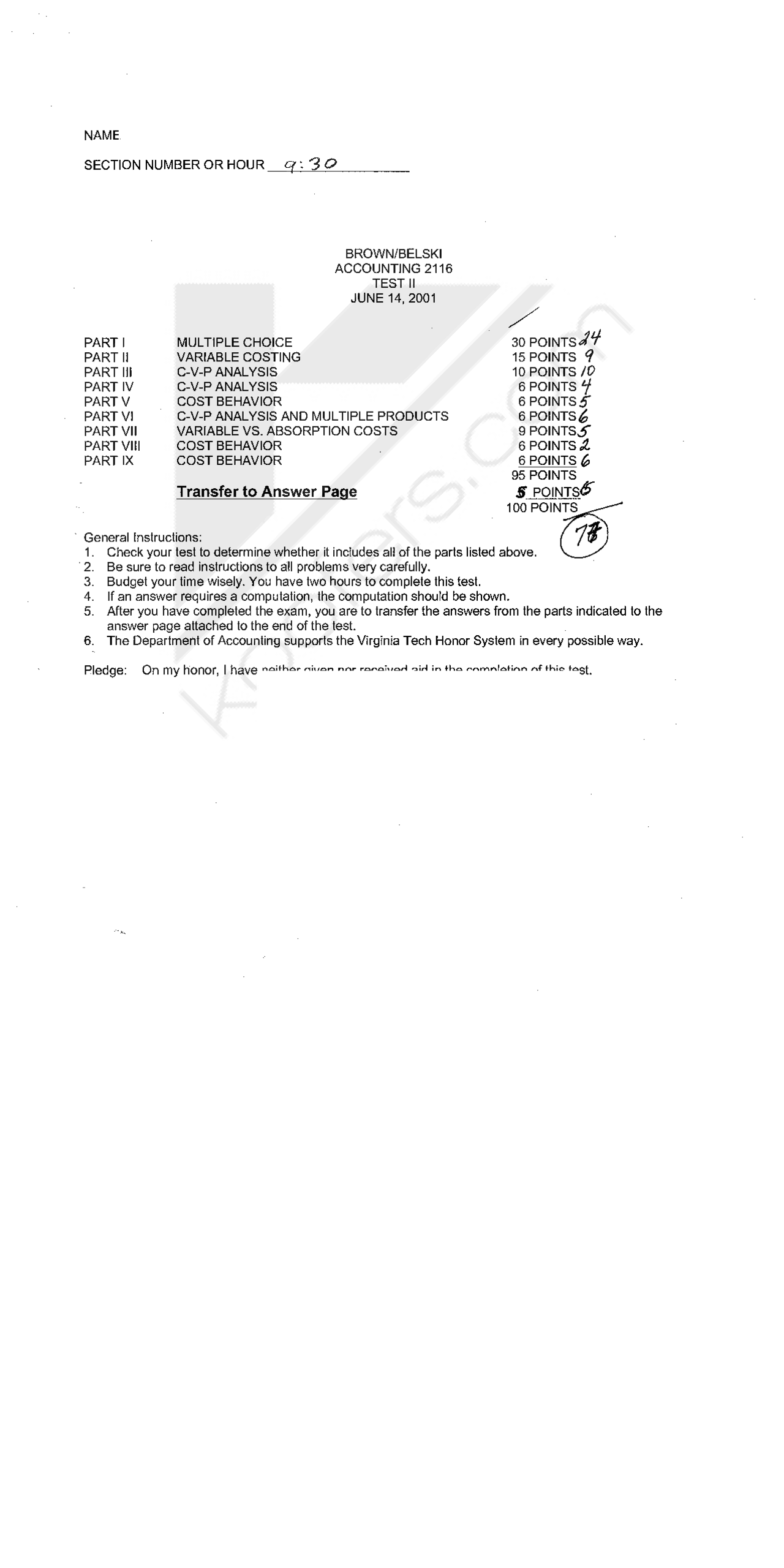 Solved Questions For Principles Of Accounting Test Ii Acis 2116