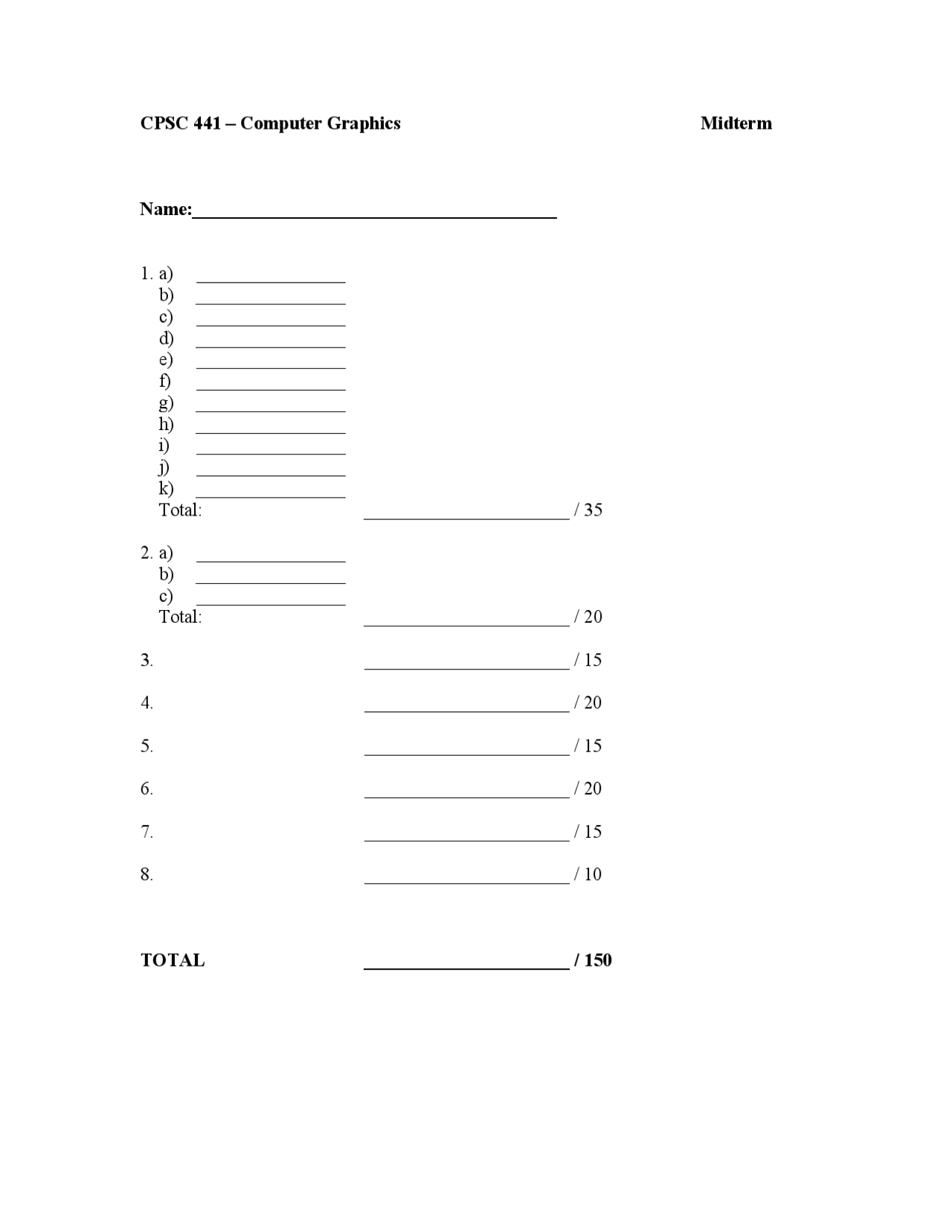 8 Problems On Computer Graphics Midterm Examination Cpsc 441 Docsity