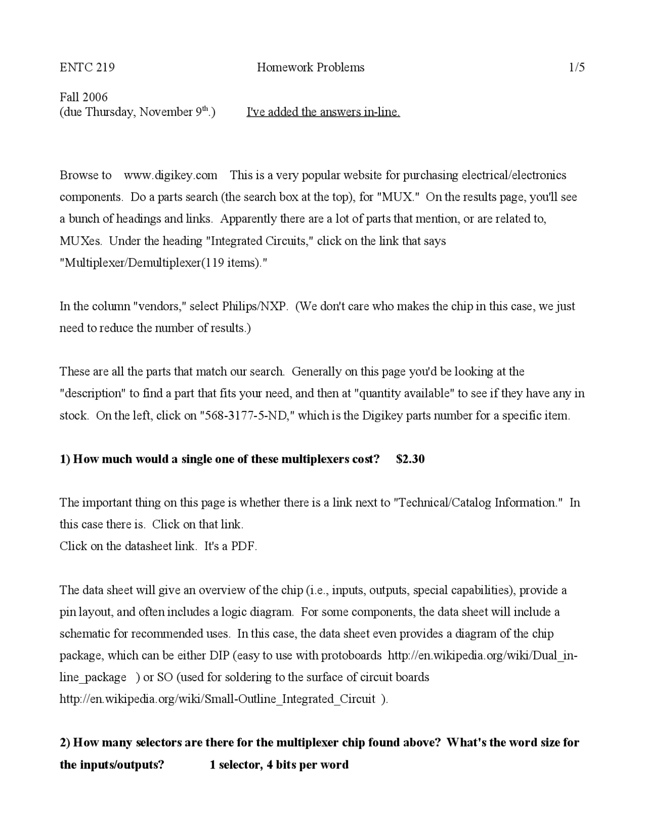 Homework Problems With Answers Digital Electronics Entc 219 Docsity