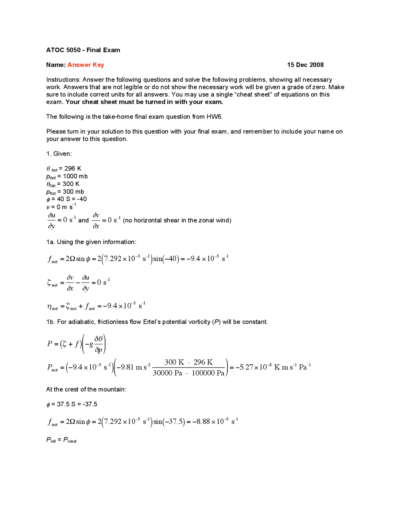 Final Exam Solutions Introduction To Atmospheric Dynamics Atoc 5050