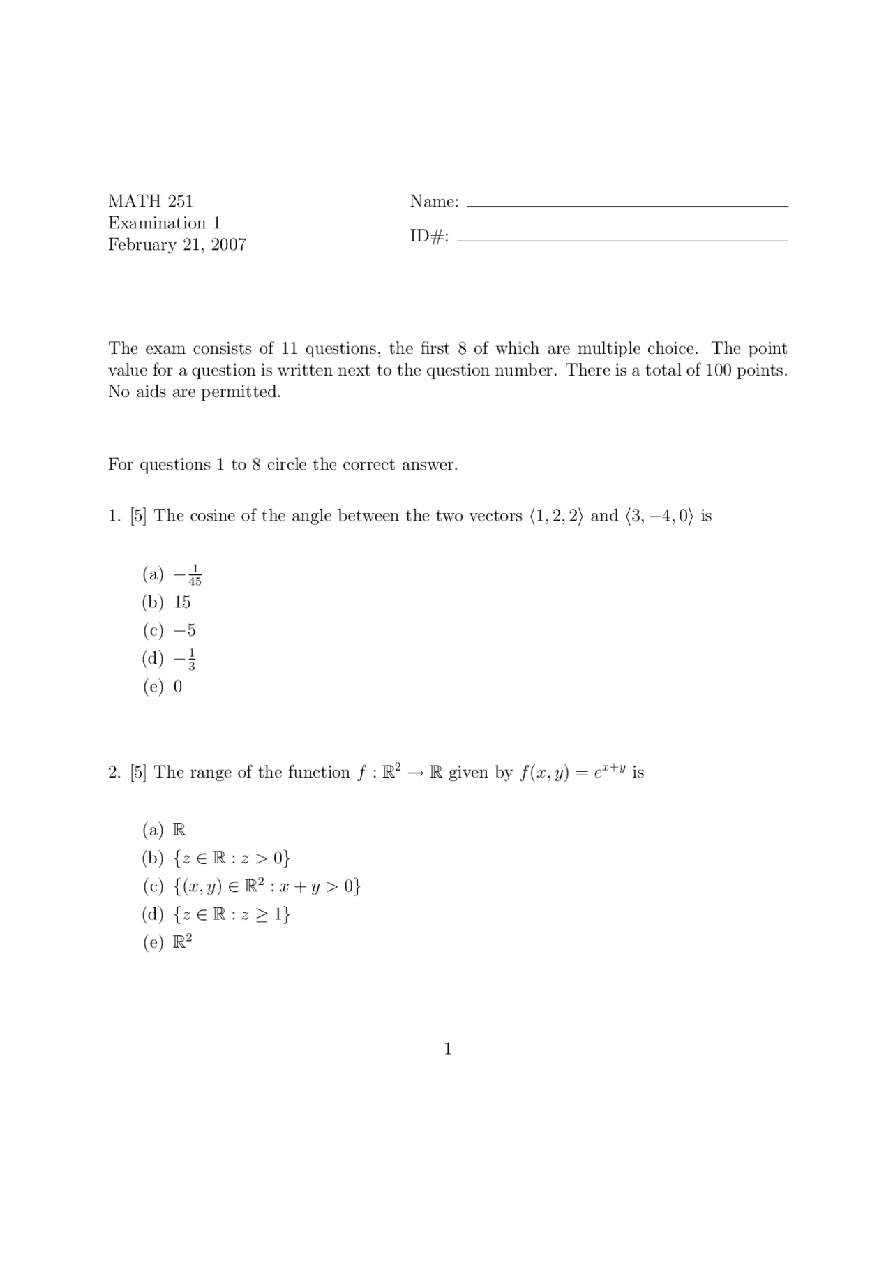 8 Multiple Choice Questions Exam 1 Engineering Mathematics Iii Math