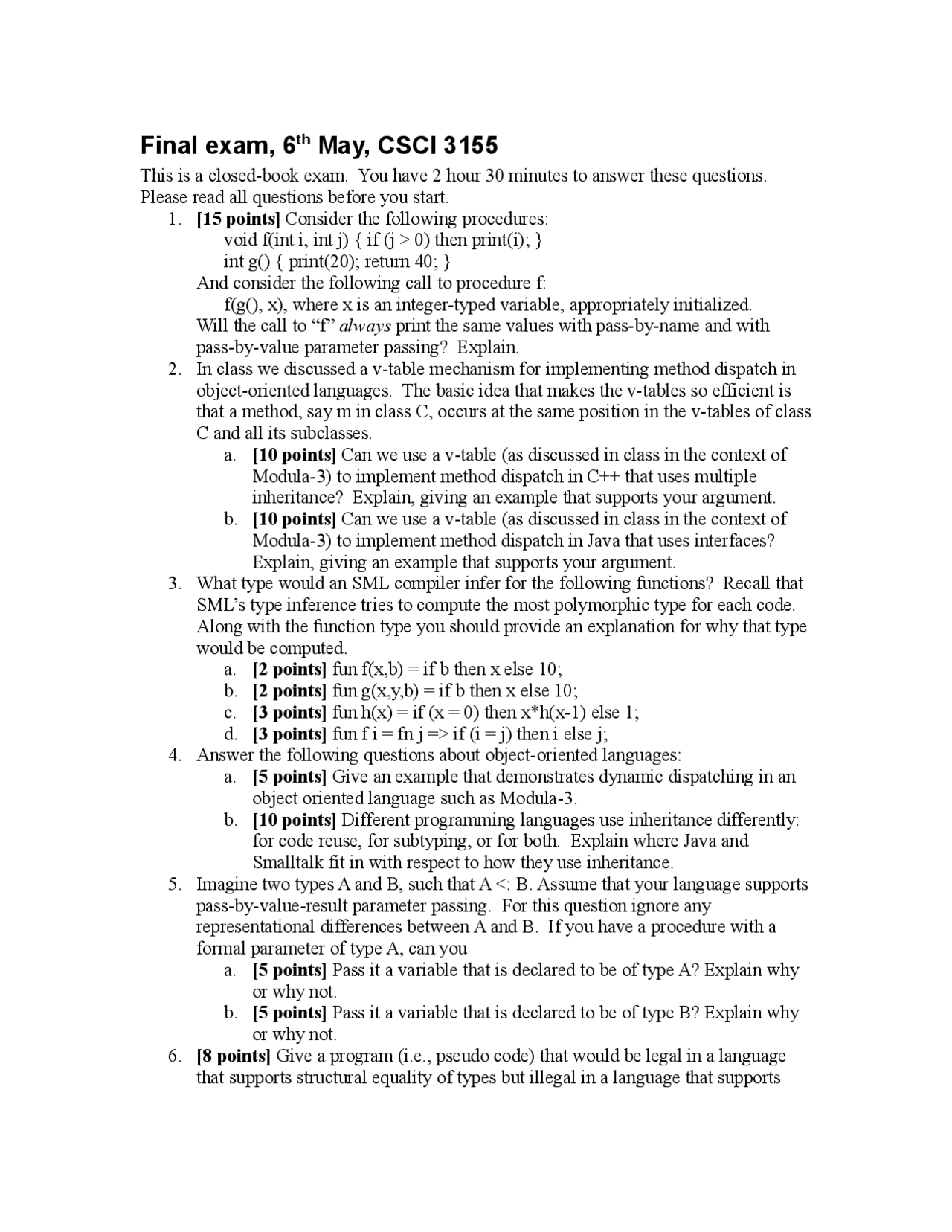 Exam 9 Questions On Principles Of Programming Languages Csci 3155 Docsity
