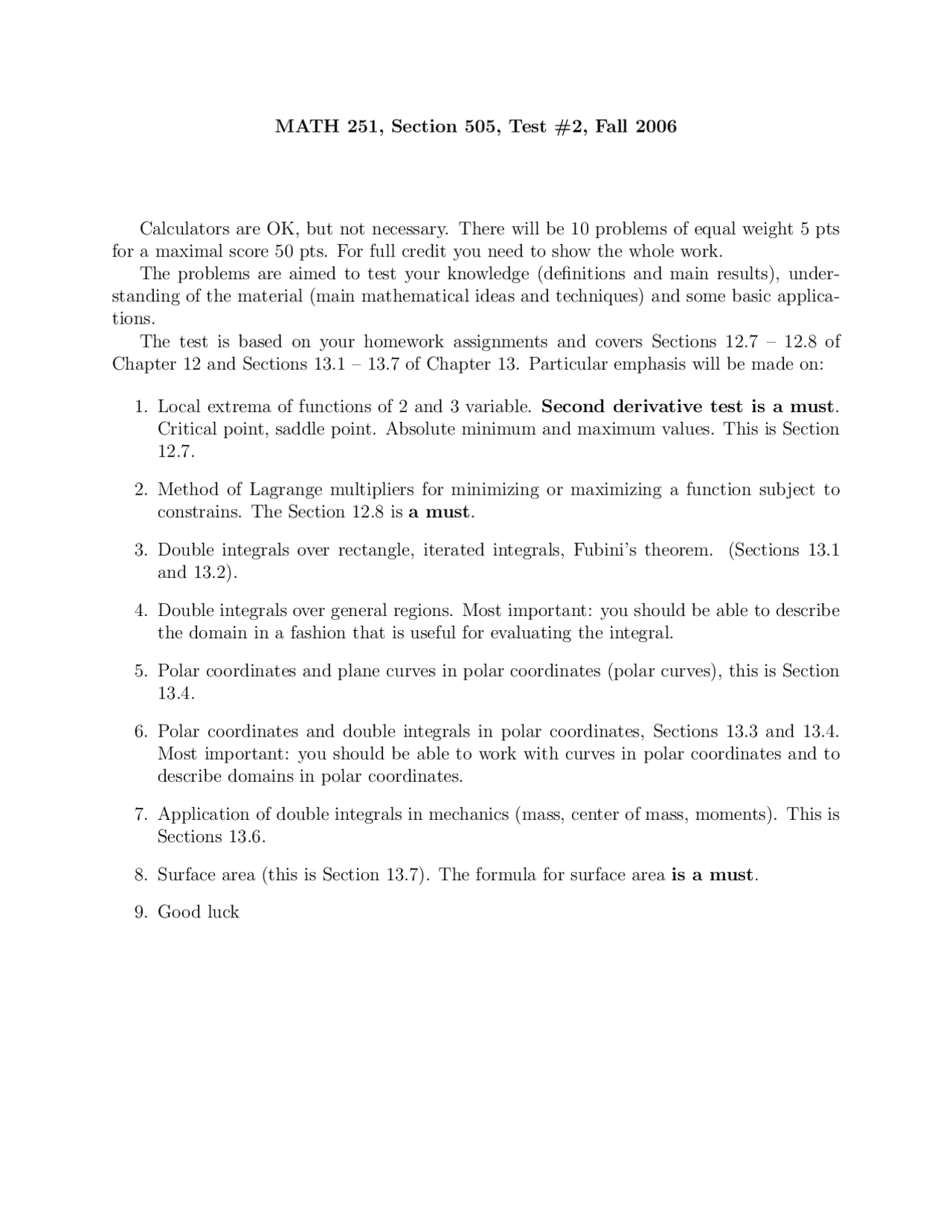 MATH 251, Section 505: Fall 2006 Test 2 - Calculus II | Study notes ...