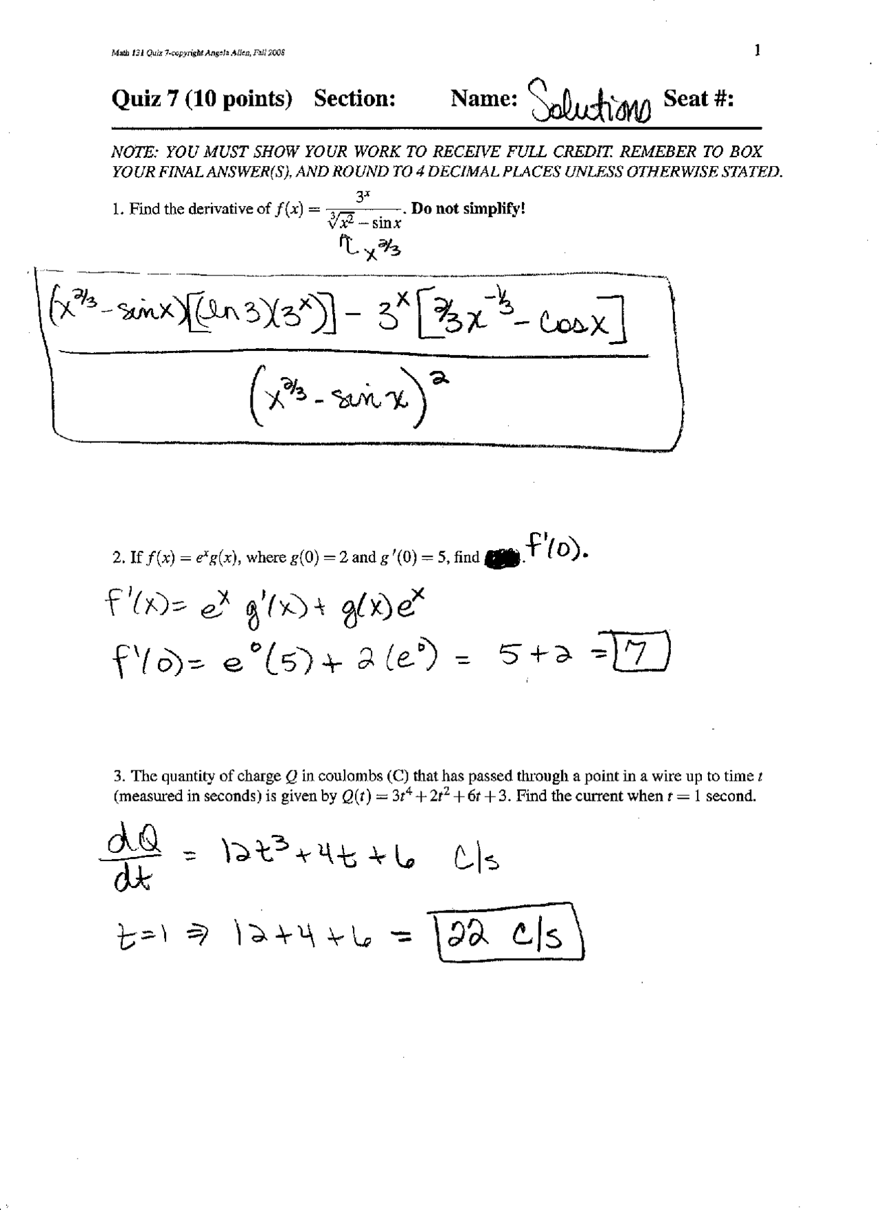 Quiz 7 With Solution Key Mathematical Concepts—calculus Math 131
