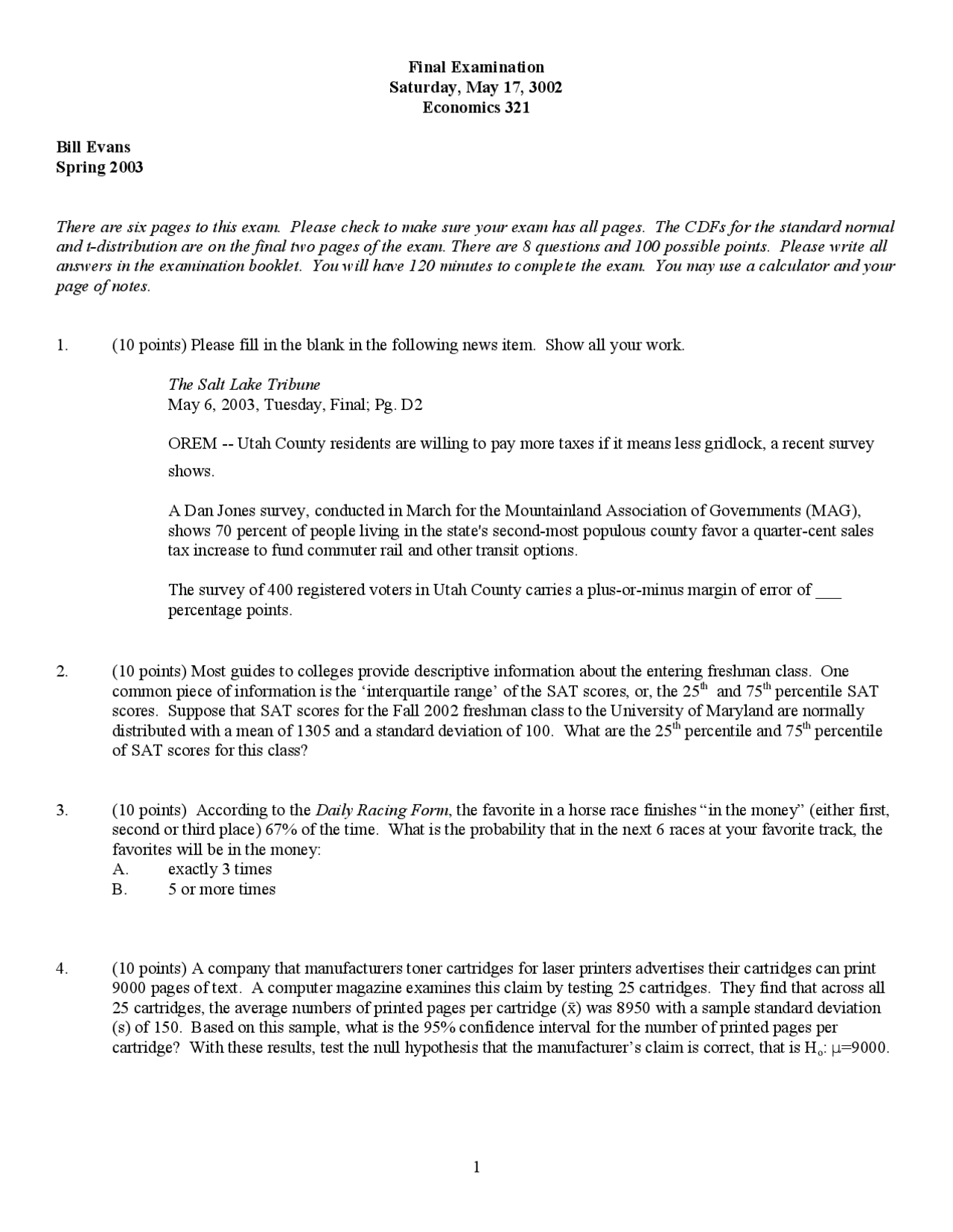 Final Examination Economic Statistics Spring 2003 Econ 321 Docsity