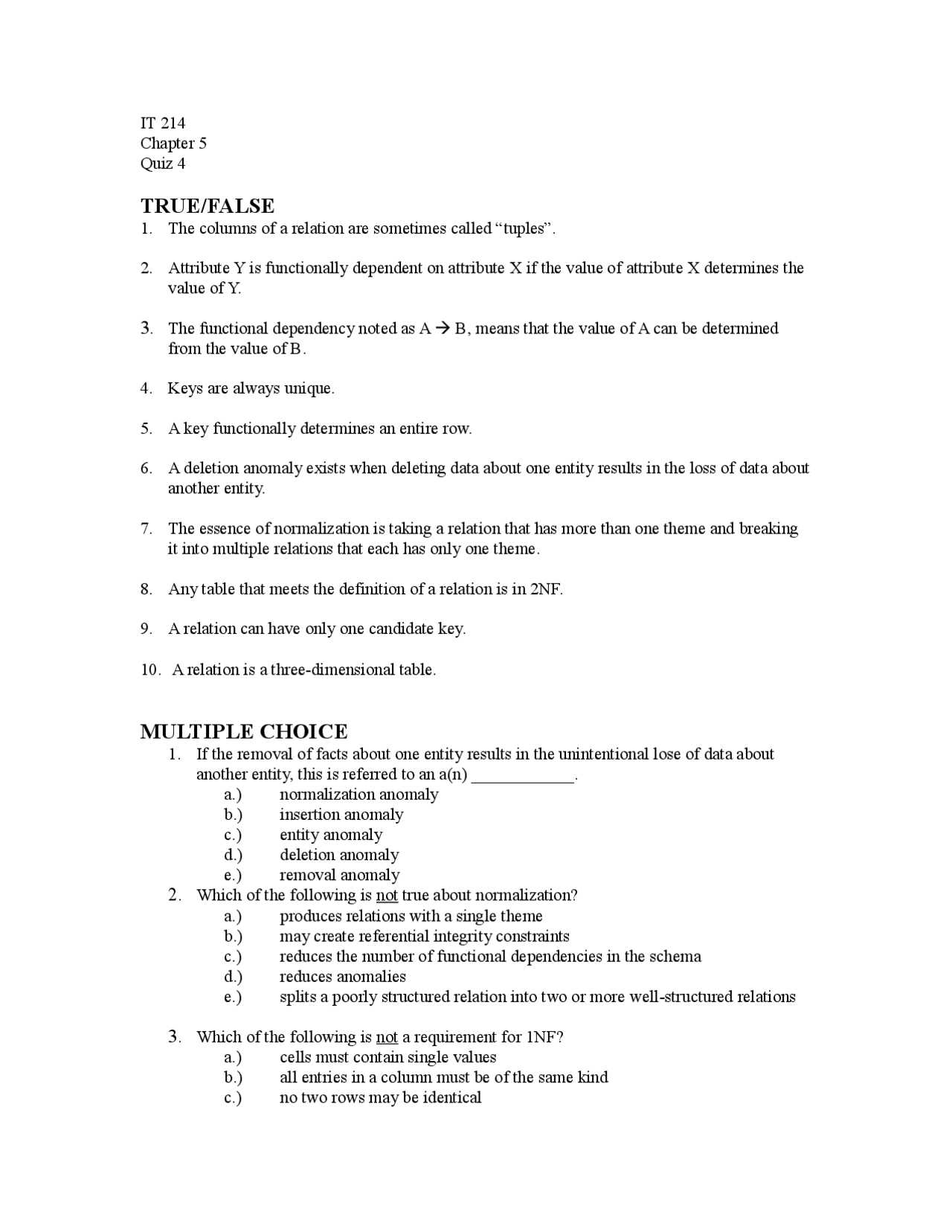 Database Fundamentals - Quiz 4 Unsolved Multiple Choice Questions | IT 214 - Docsity