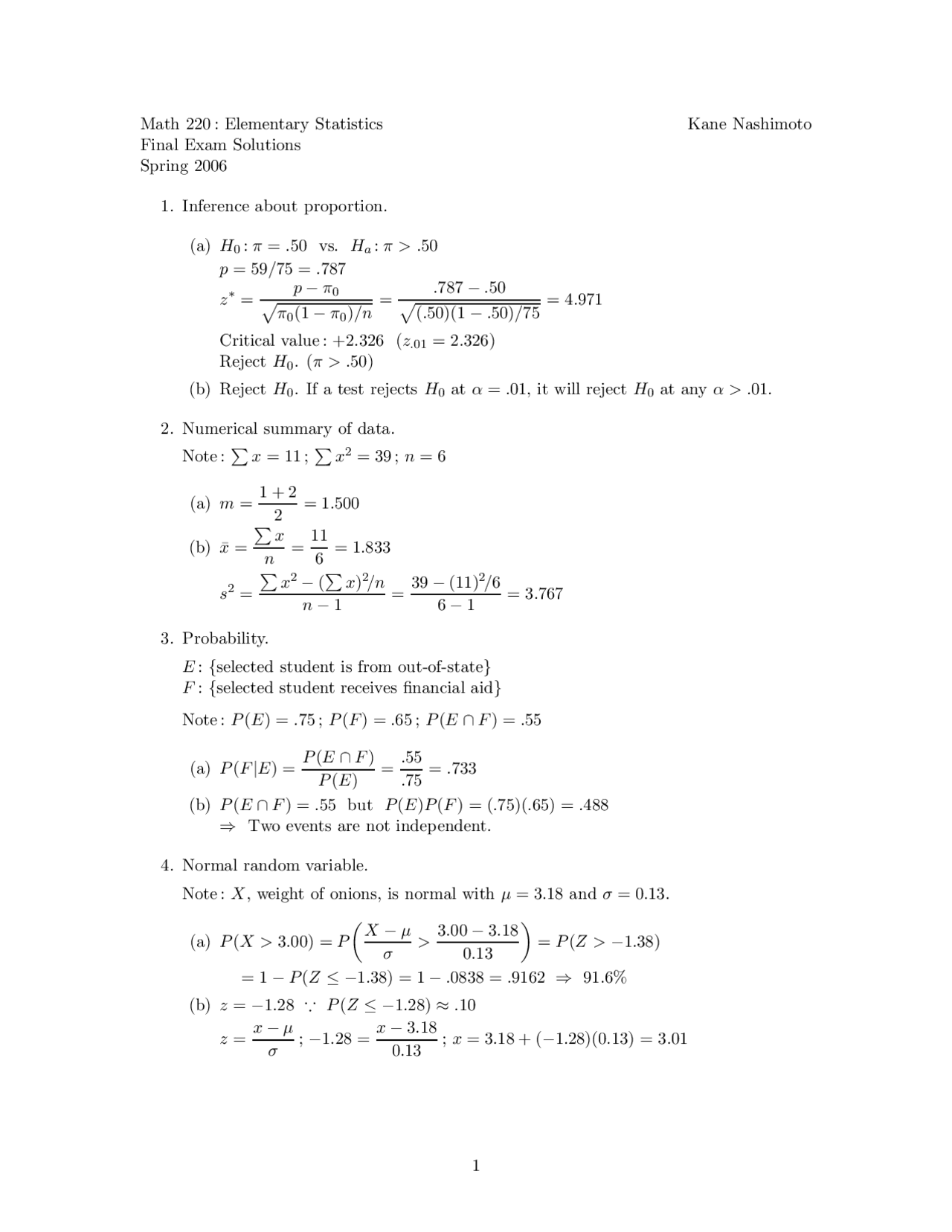 8 Problems On Elementary Statistics Final Examination Math 220