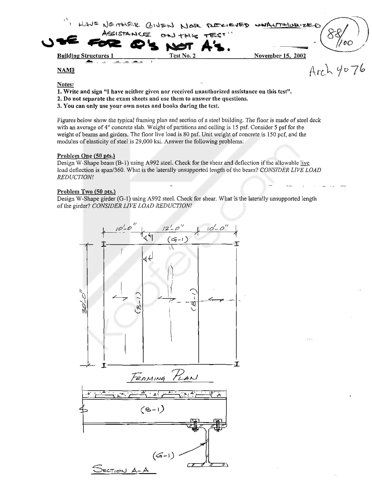 Test No 2 With Solution For Building Structures Arch 4076 Docsity