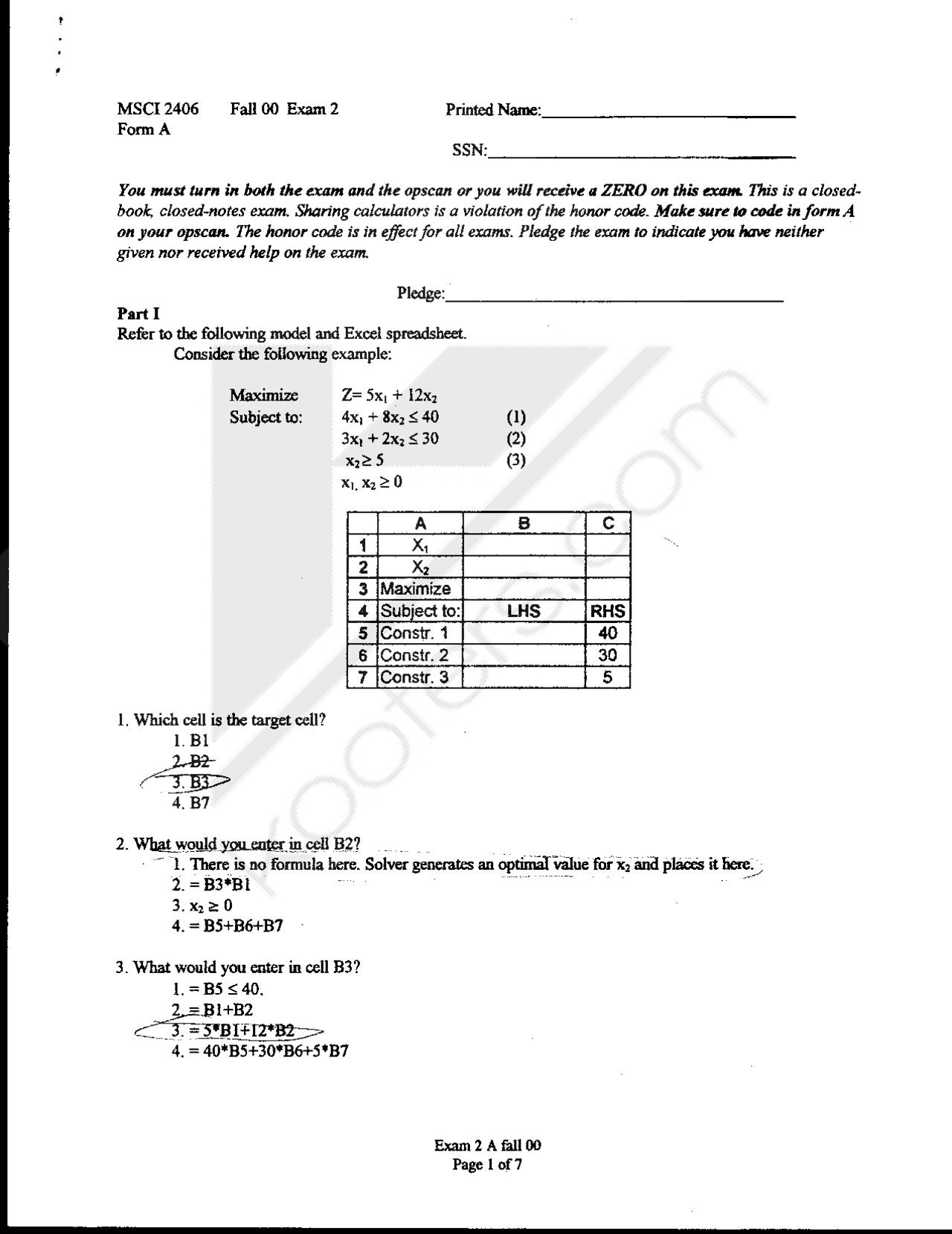 Exam 2 With Solved Question Excel Spreadsheet Quantitative Methods