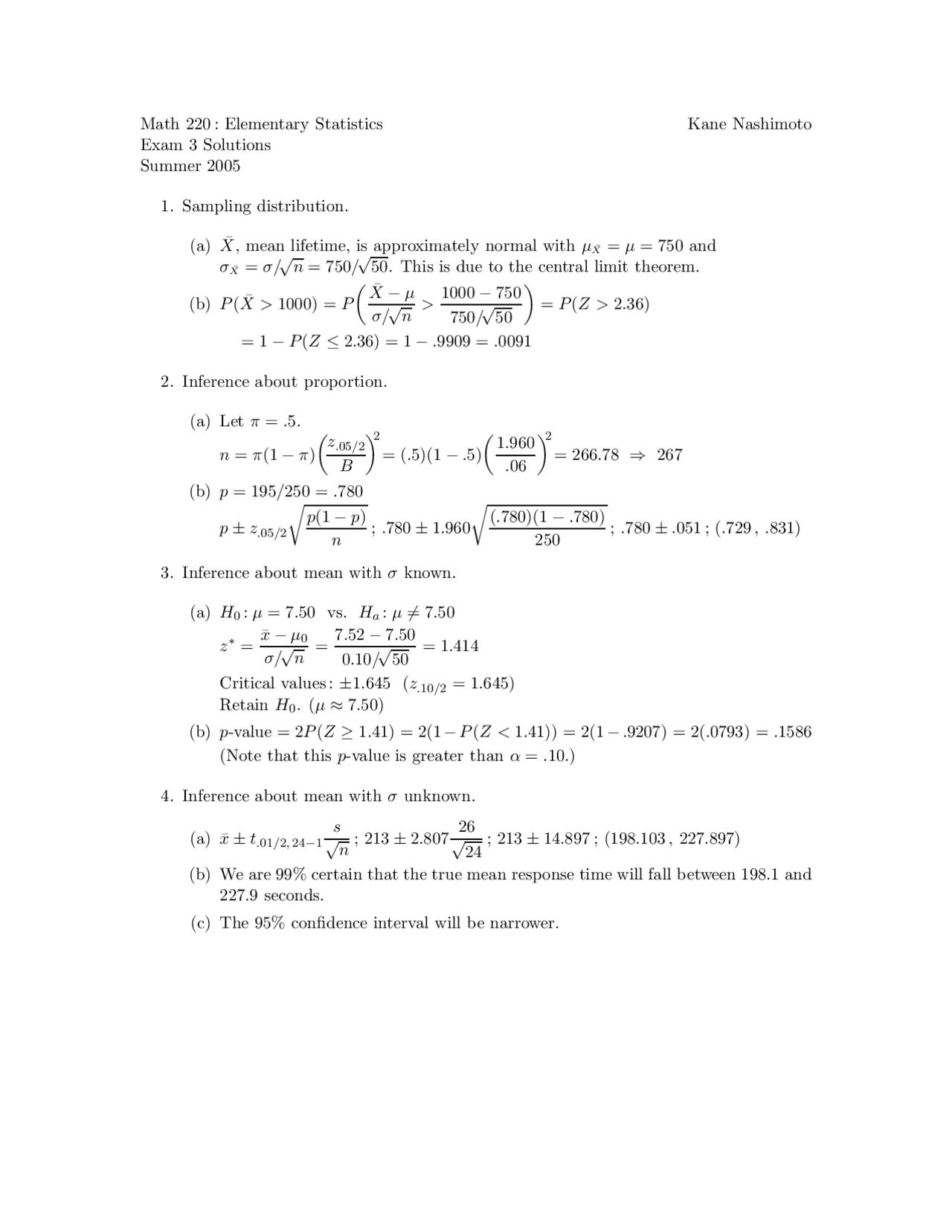 4 Solved Problems On Sampling Distributions Exam 3 Math 220 Docsity