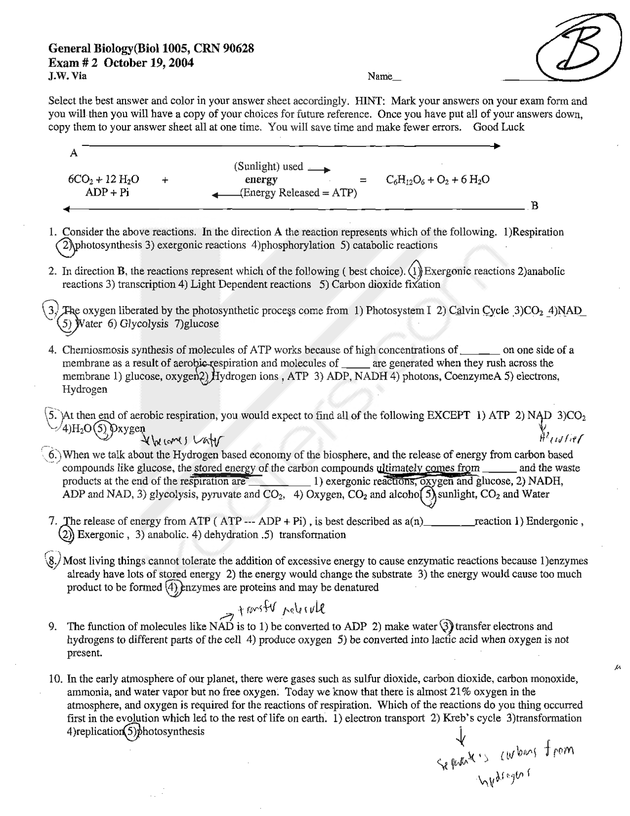 General Biology Test Ii With Solutions Fall 2004 Biol 1005 Docsity