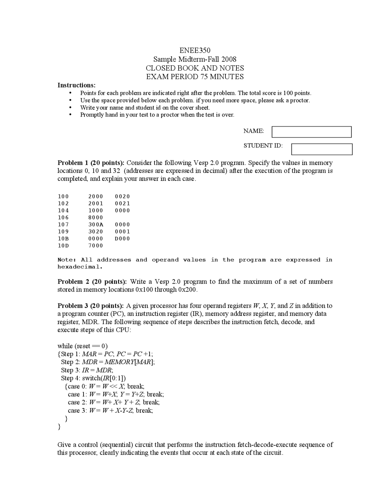Problems For Sample Midterm Exam Computer Organization Enee 350 Docsity