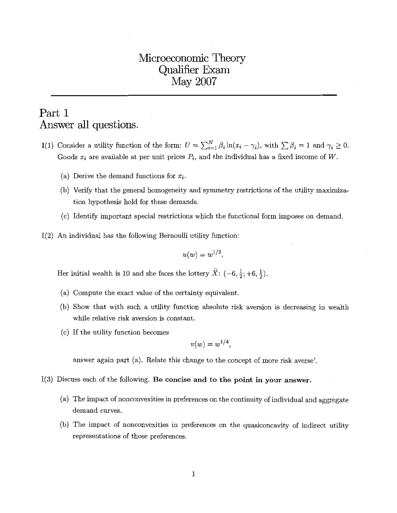 Qualifying Exam Microeconomic Theory 2007 Econ 323 Docsity