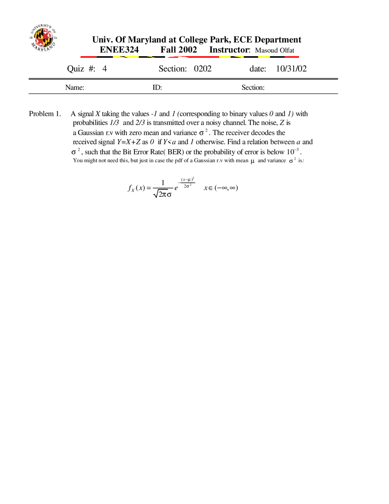 Quiz 4 Practice Problem on Engineering Probability | ENEE 324 - Docsity