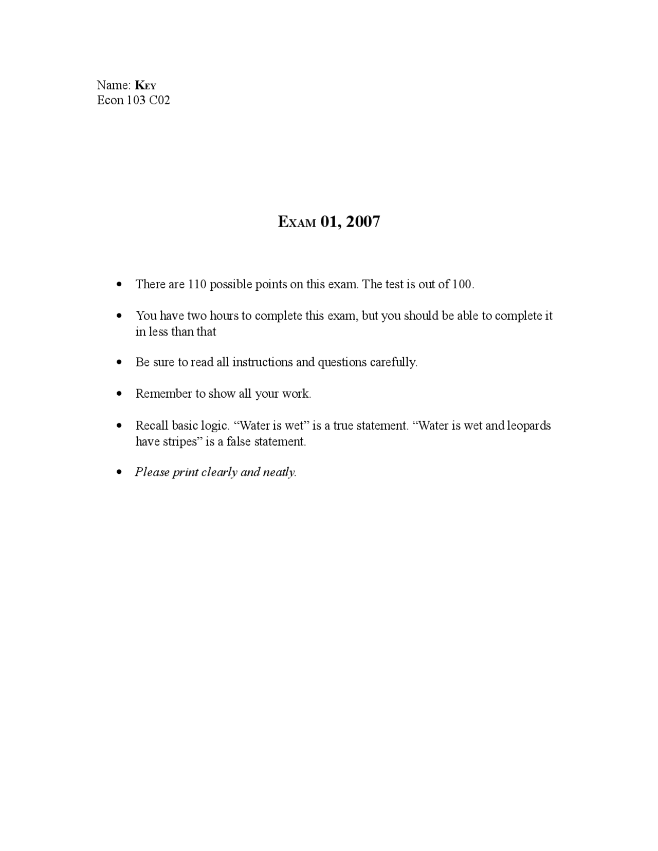 Exam I Answer Key Microeconomic Principles Econ 103 Docsity