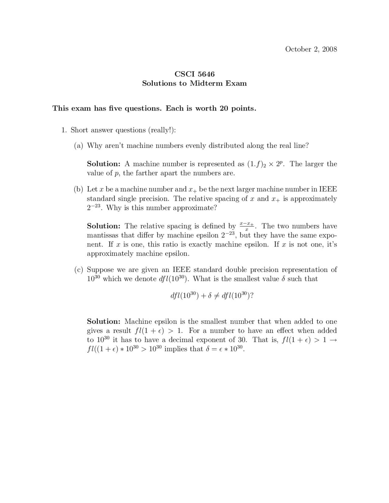 Solution To Midterm Exam Numerical Linear Algebra Csci 5646 Docsity
