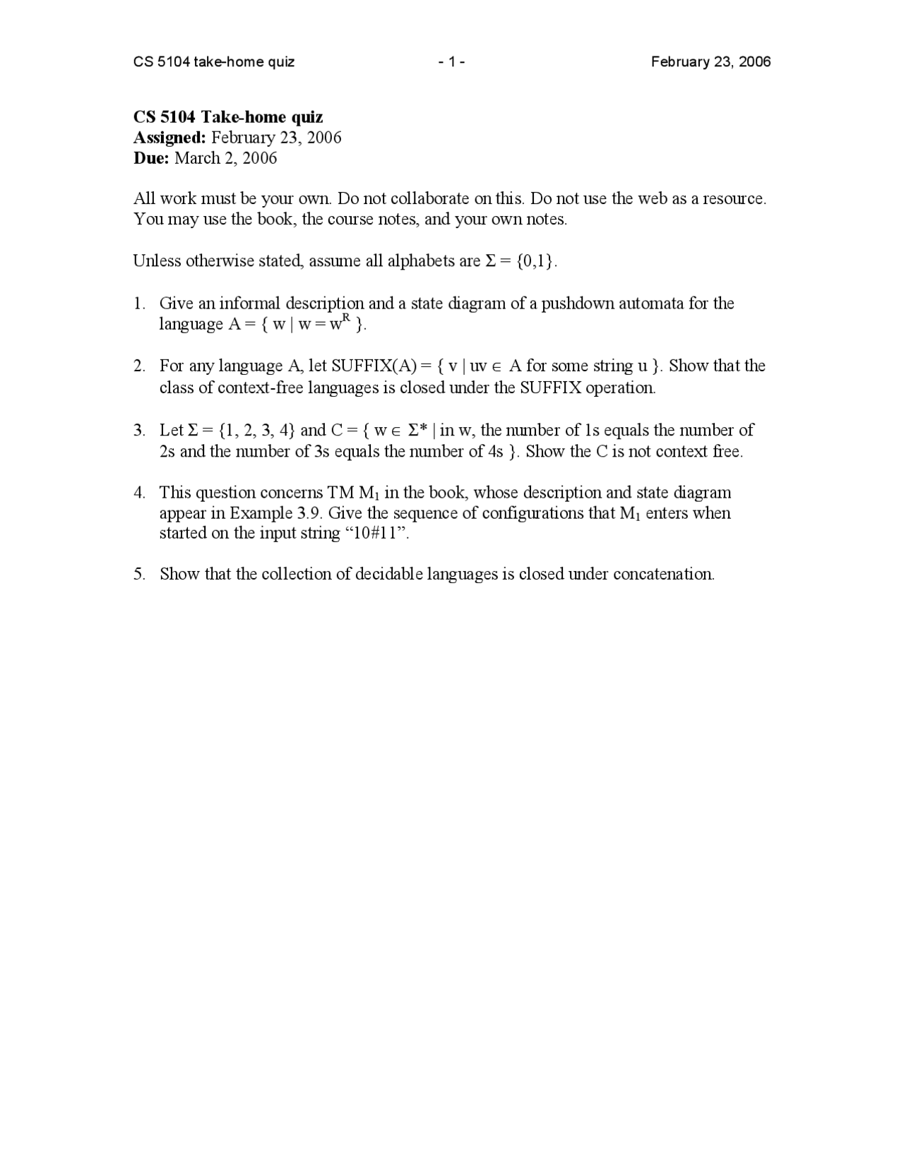 Computer And Formal Language 5 Unsolved Questions Cs 5104 Docsity