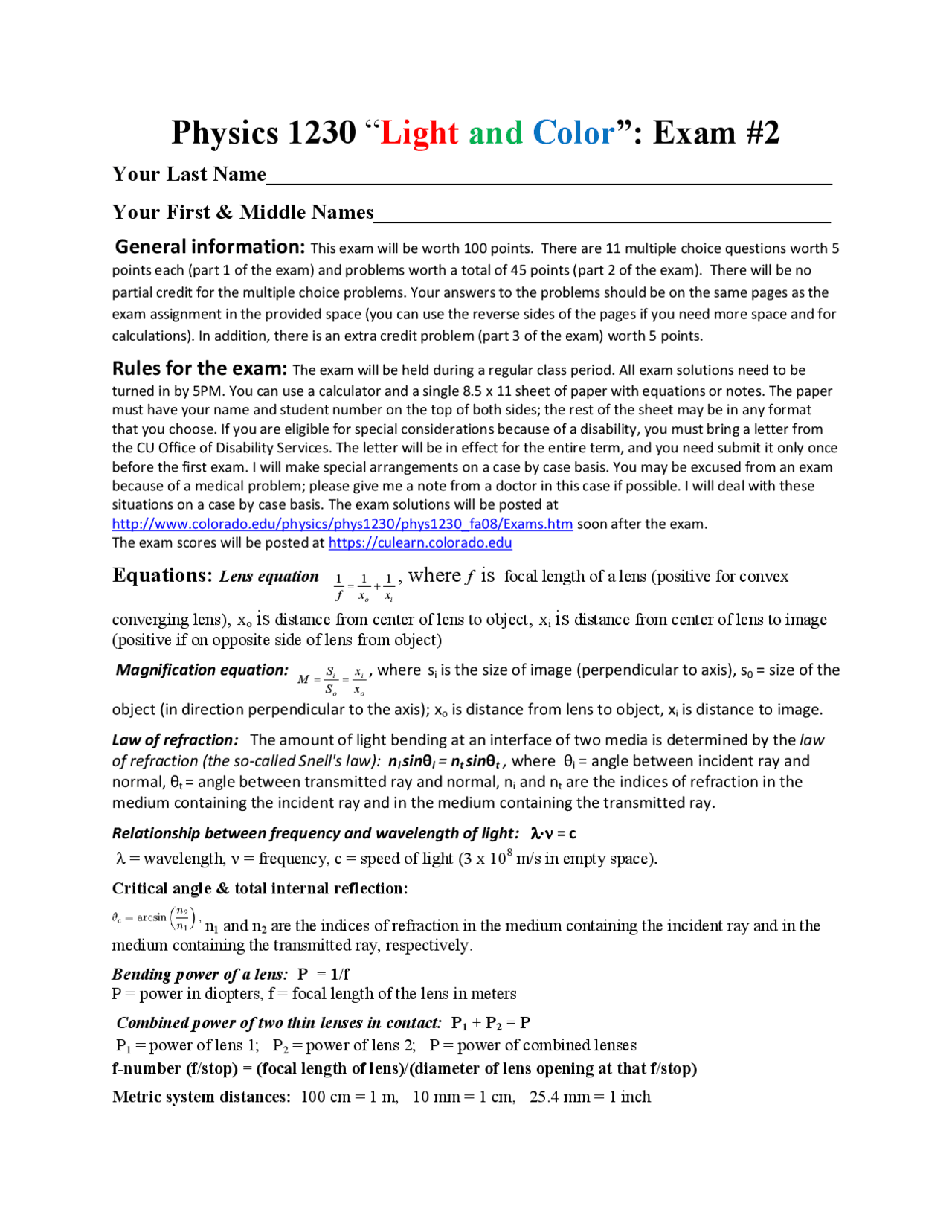 Light And Color For Nonscientists Exam 2 Review Phys 1230 Docsity