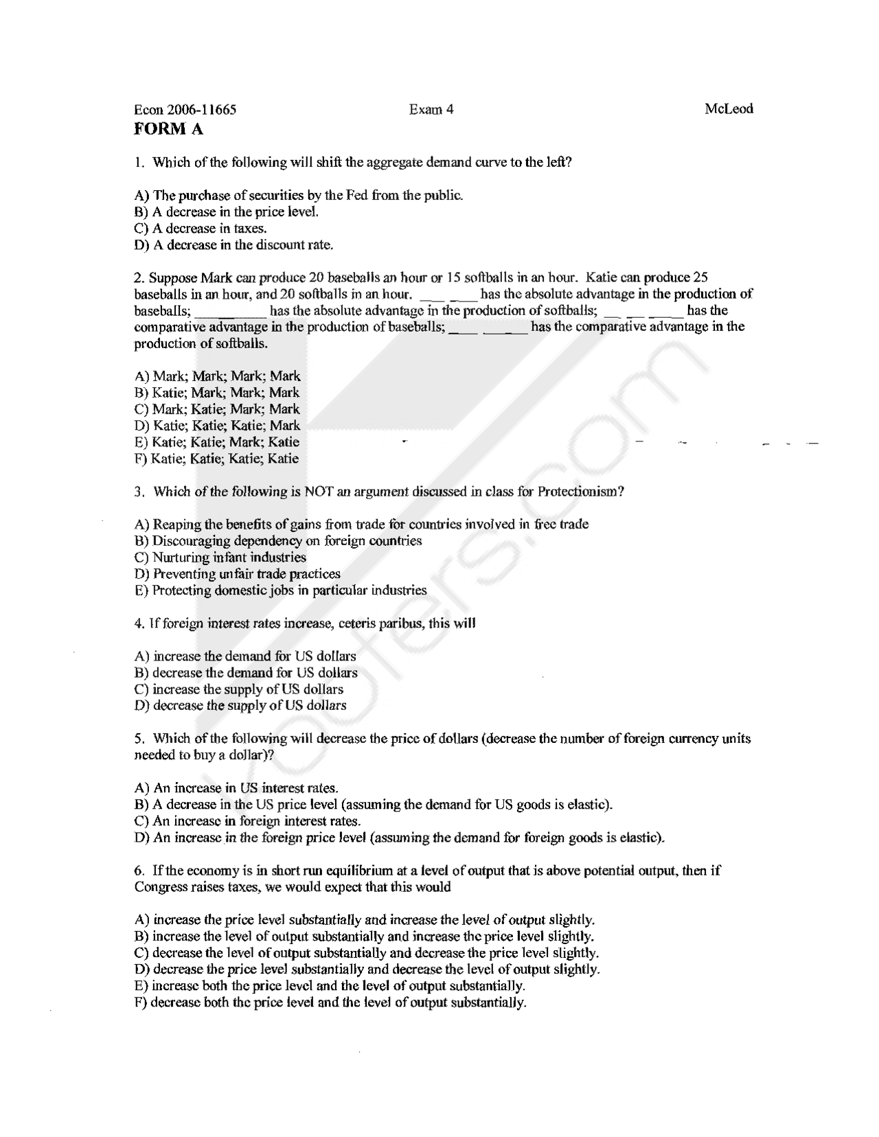 Exam 4 Form A Principles Of Economics Econ 2006 Docsity