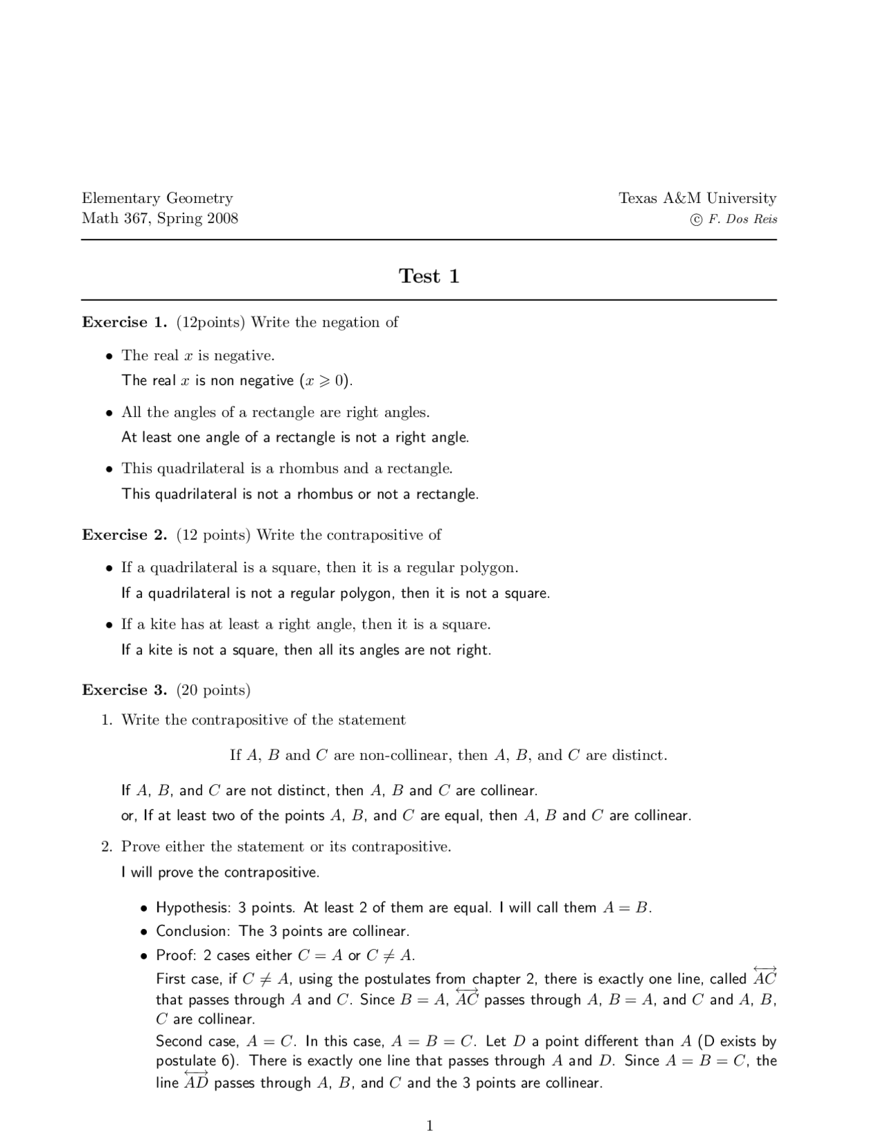 7 Questions Test 1 Elementary Geometry Math 367 Docsity