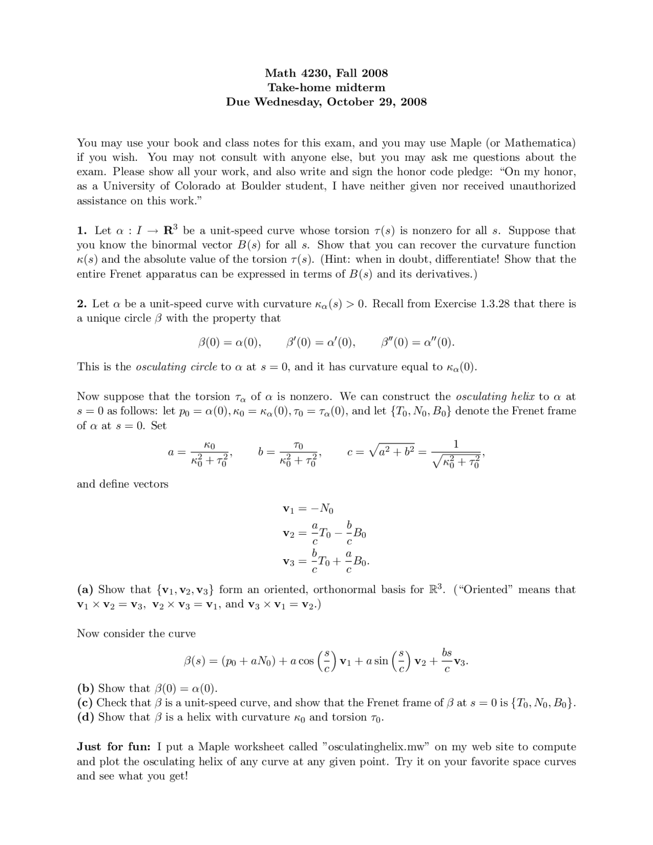 Take Home Midterm Exam Problems Geometry Of Curves And Surfaces