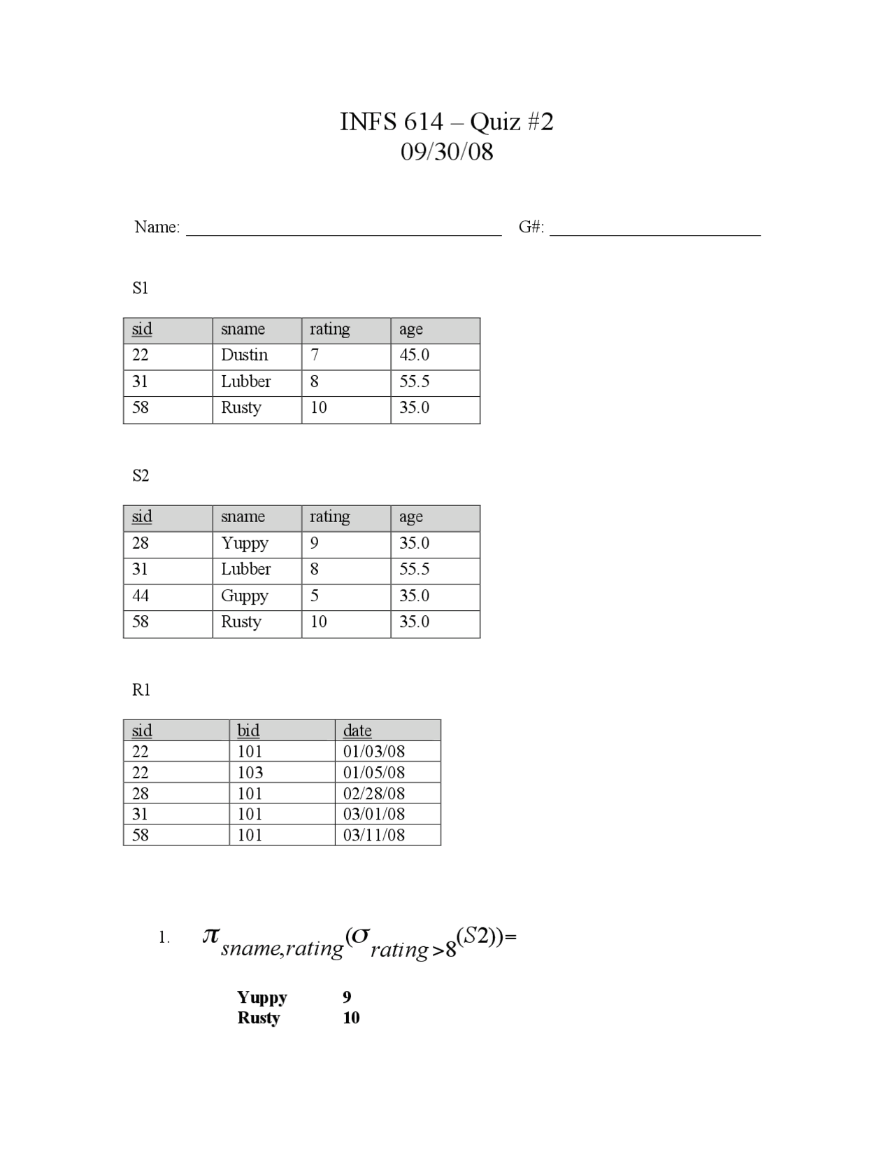 Quiz 2 with Resolution - Database Fundamentals | INFS 614 - Docsity