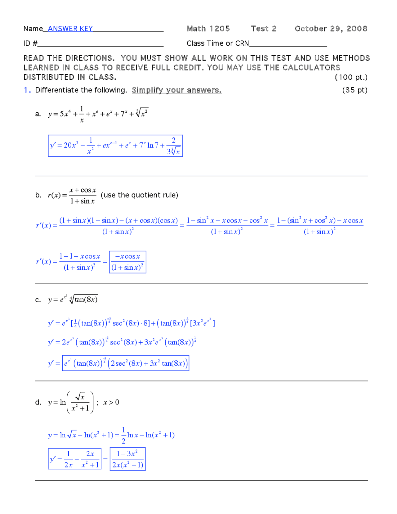 Test Two Answer Key Calculus Math 1205 Docsity