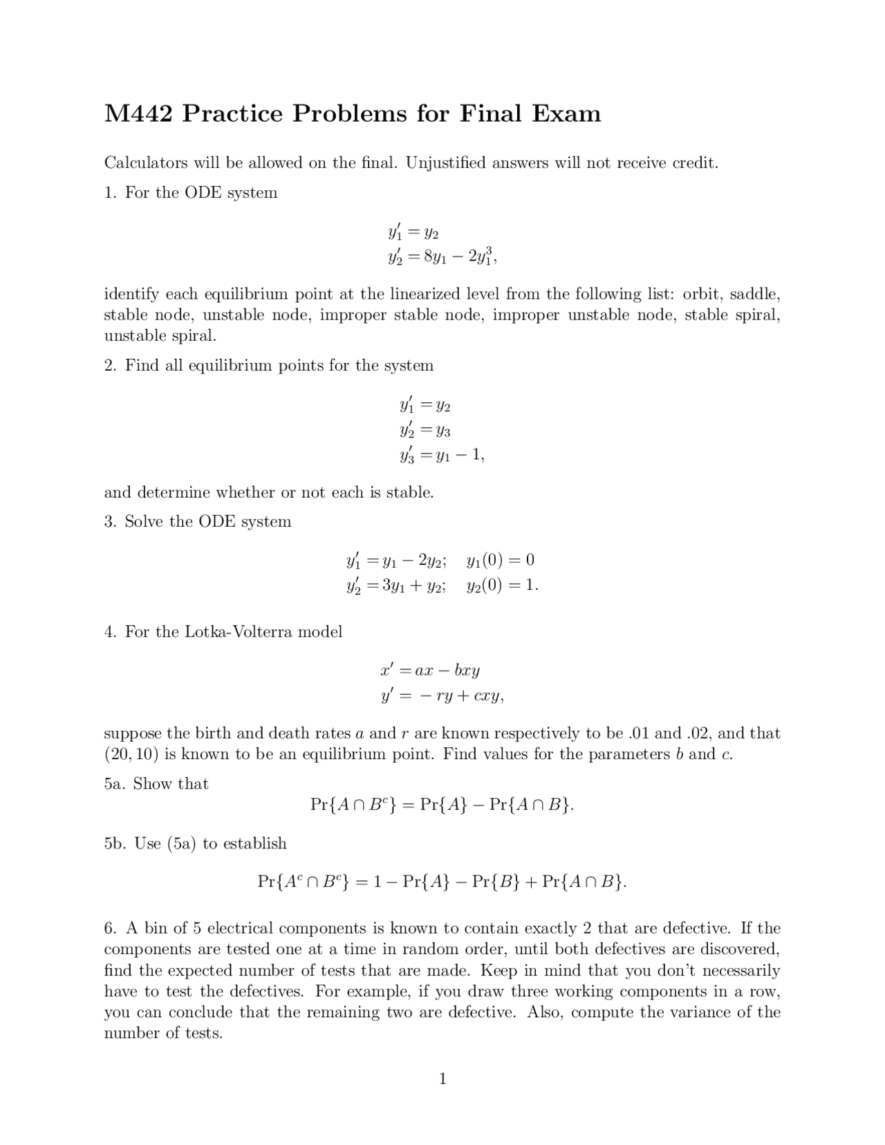 Practice Problems For Final Exam Mathematical Modeling Math 442