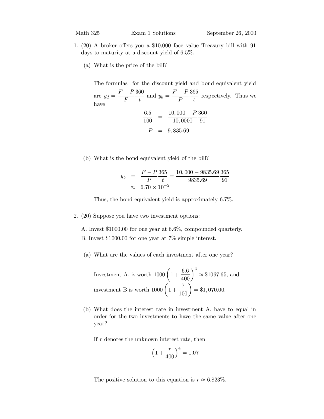 Exam 1 with Solution - Mathematics of Interest | MATH 325 - Docsity
