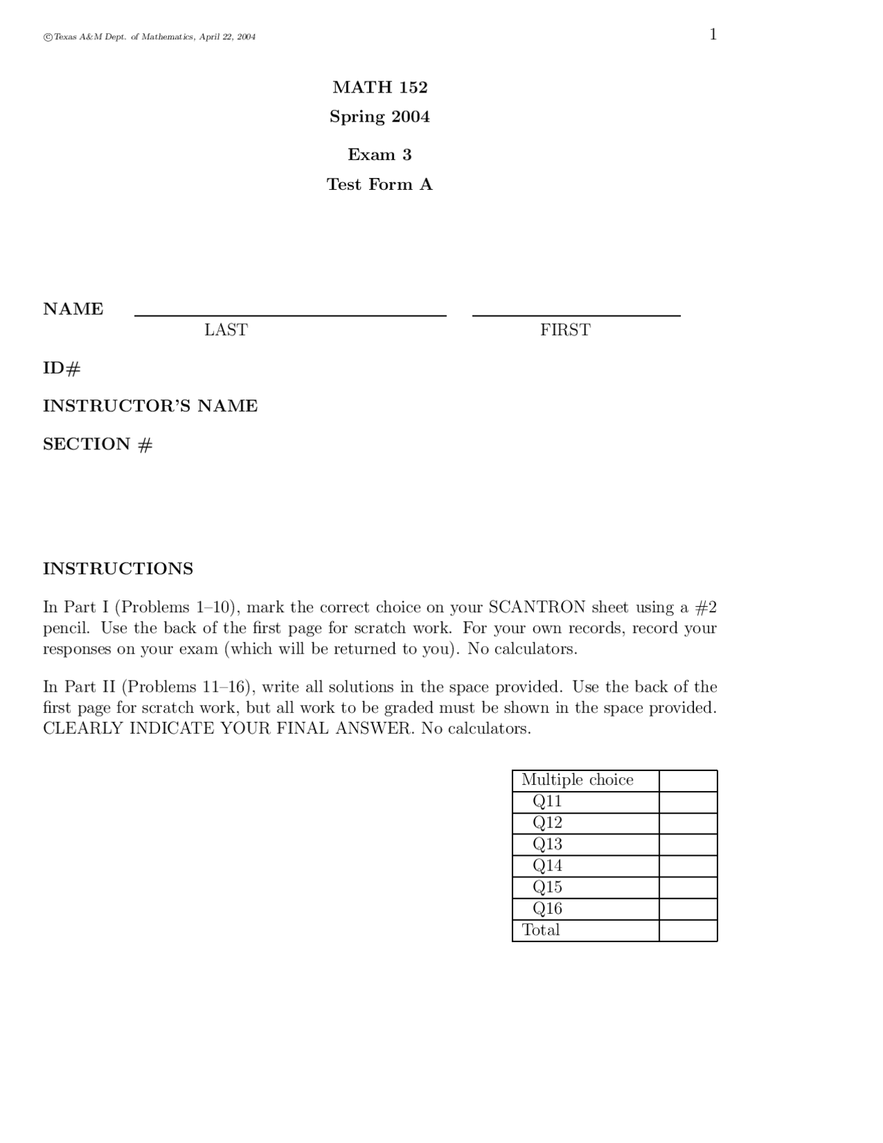 Practice Exam 3 Form A Honor Engineering Mathematics Ii Math 152
