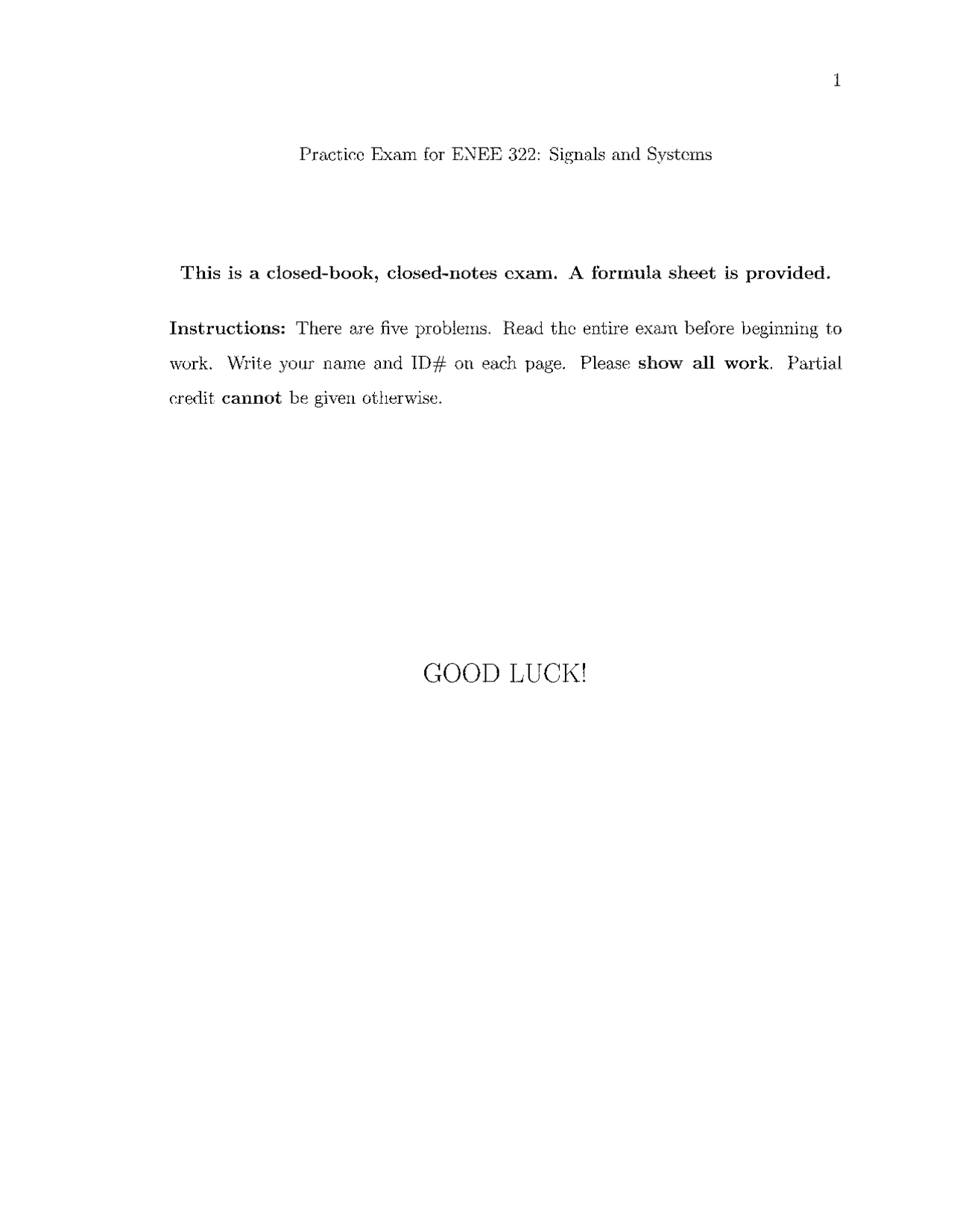 Practice Exam Problems Signals And Systems Theory Enee 322 Docsity