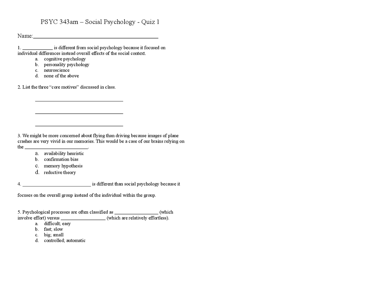 Quiz 1 Questions With Solutions Social Psychology Psyc 343 Docsity