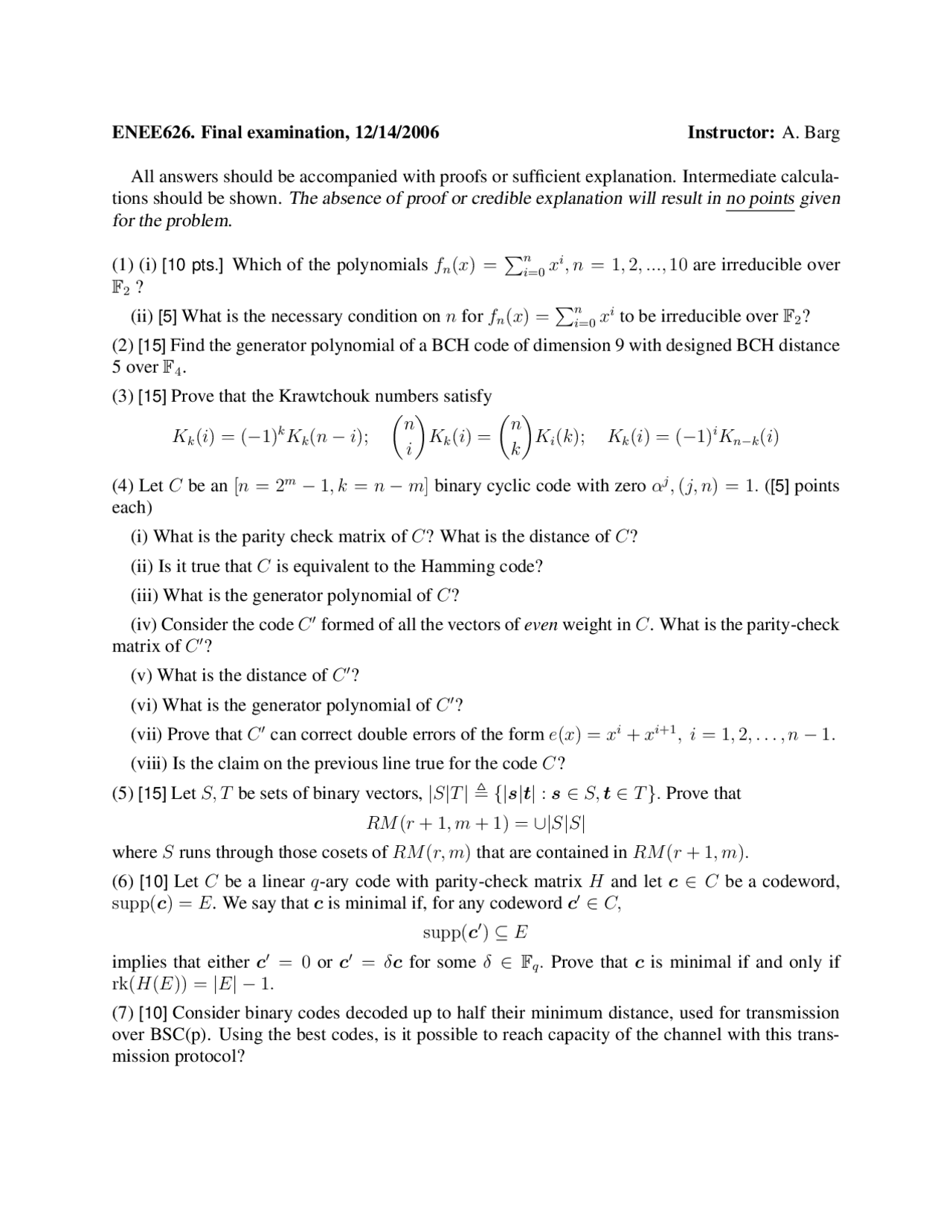7 Questions For Final Exam Error Correcting Codes Enee 626 Exams Electrical And