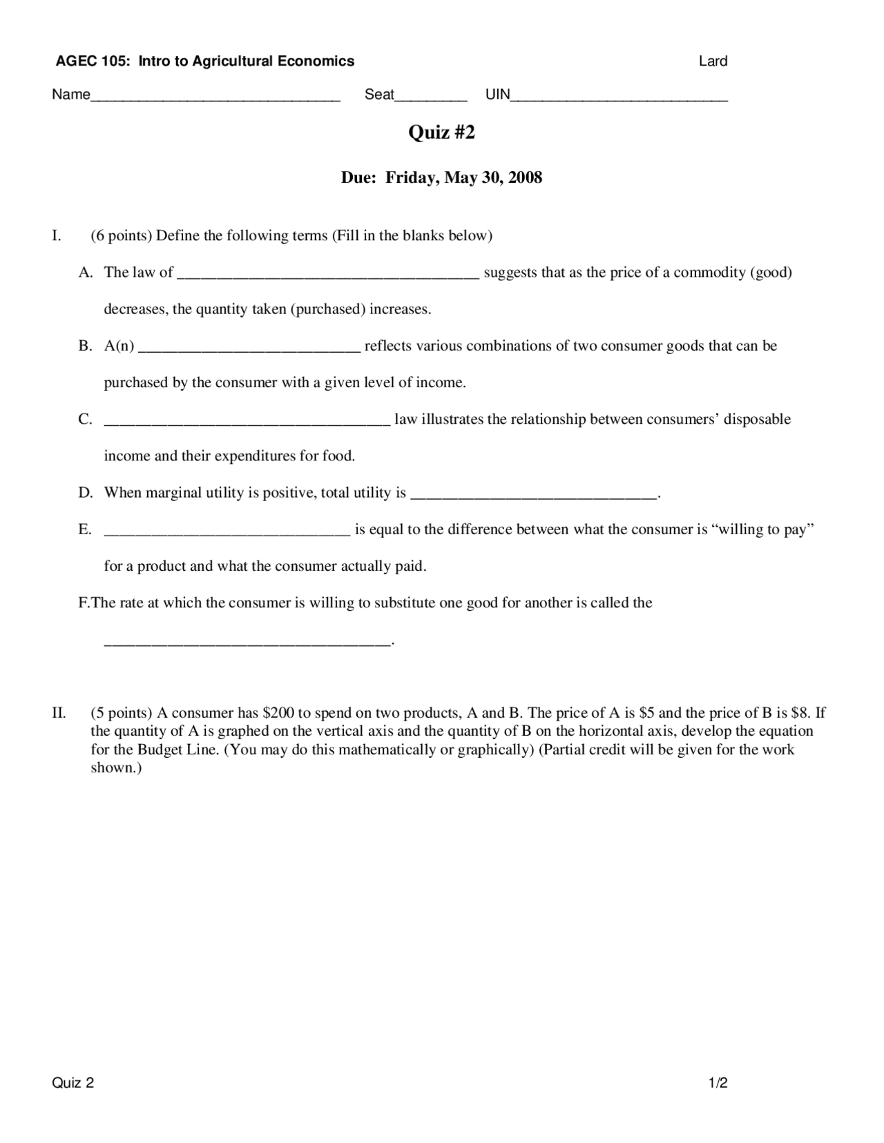 Questions For Quiz 2 Introduction To Agricultural Economics Agec