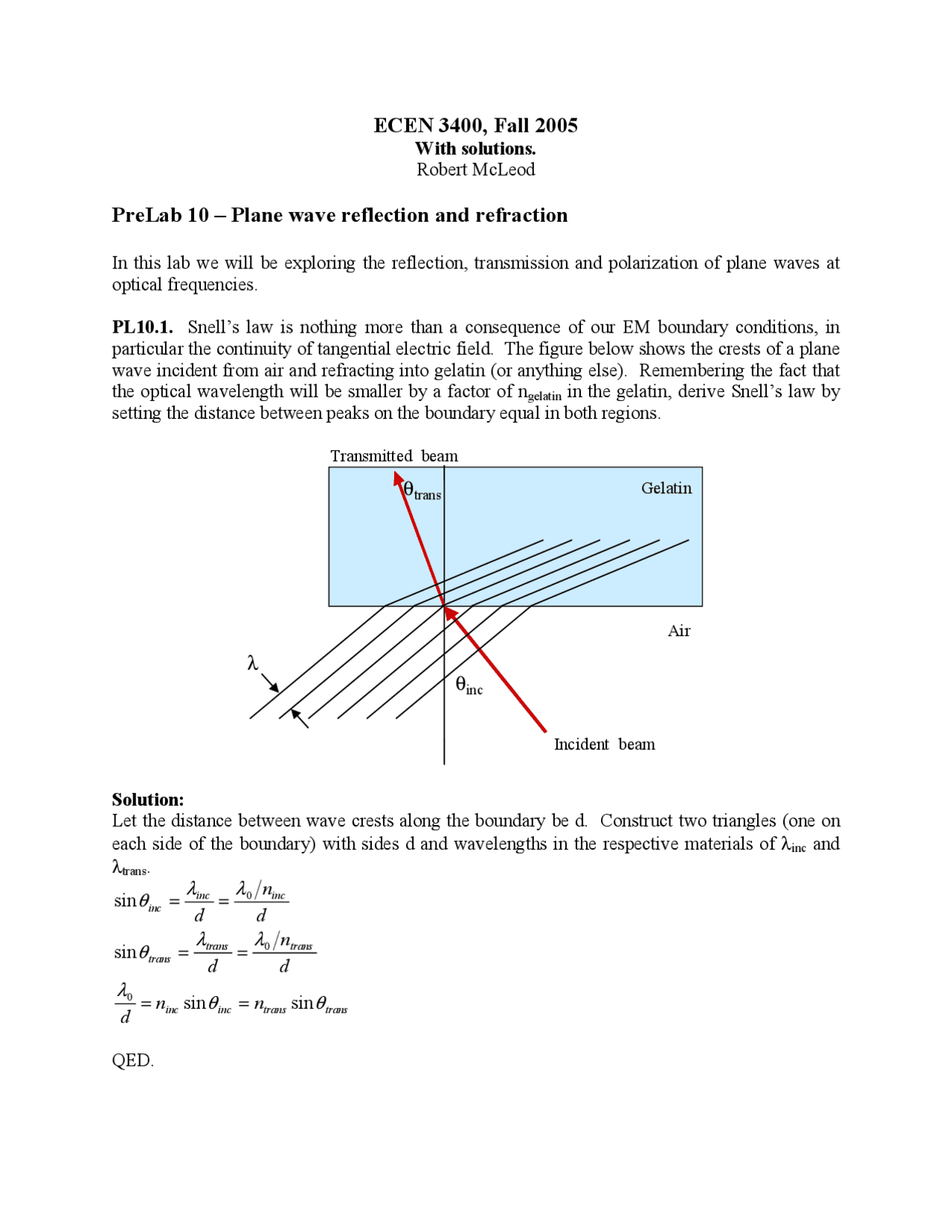 Plane Wave Reflection And Refraction Lab Ecen 3400 Docsity