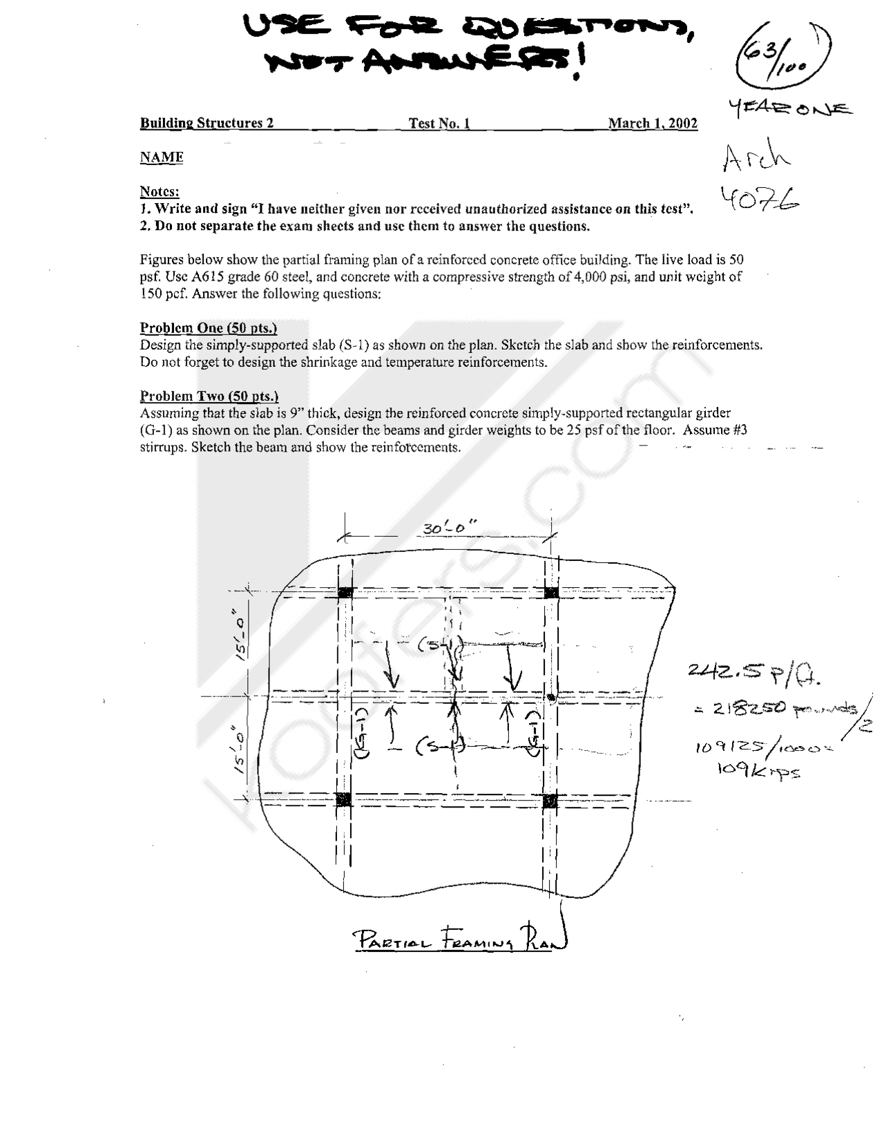 Test 1 With Answer Key For Building Structures Arch 4076 Docsity